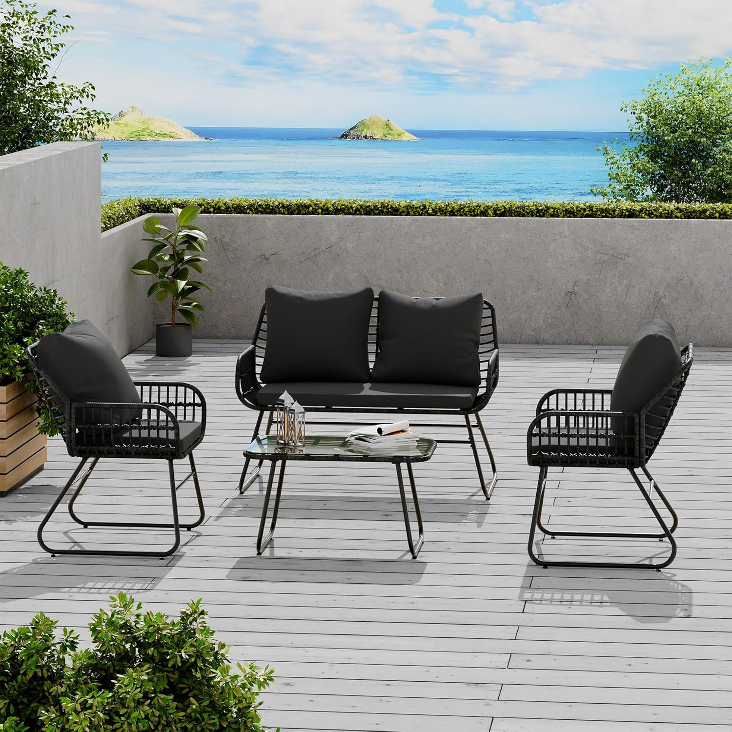 George Oliver 4-Piece Outdoor Rattan Patio Furniture Set With Cushions ...
