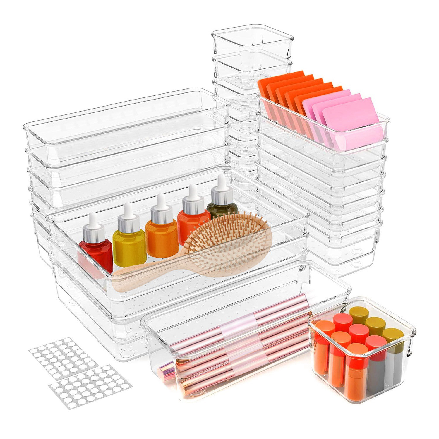 Rebrilliant 25pcs Clear Plastic Drawer Organizers Set 4 Sizes Desk