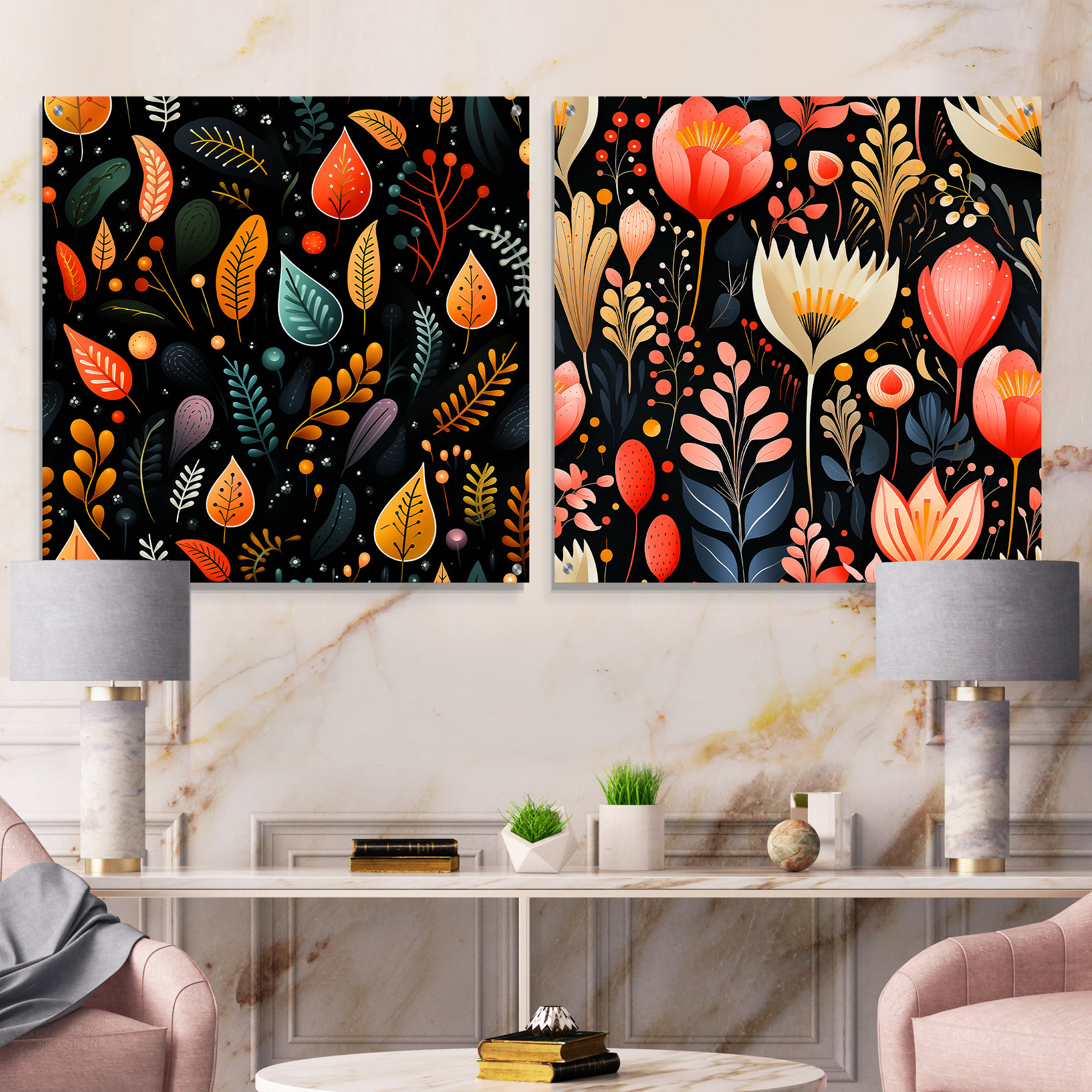 Design Art Botanical Multicolor Leaves On Black Pattern - Abstract ...