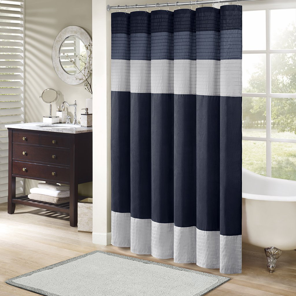 Hokku Designs Amherst Bathroom Shower Curtain Faux Silk Pieced Striped ...