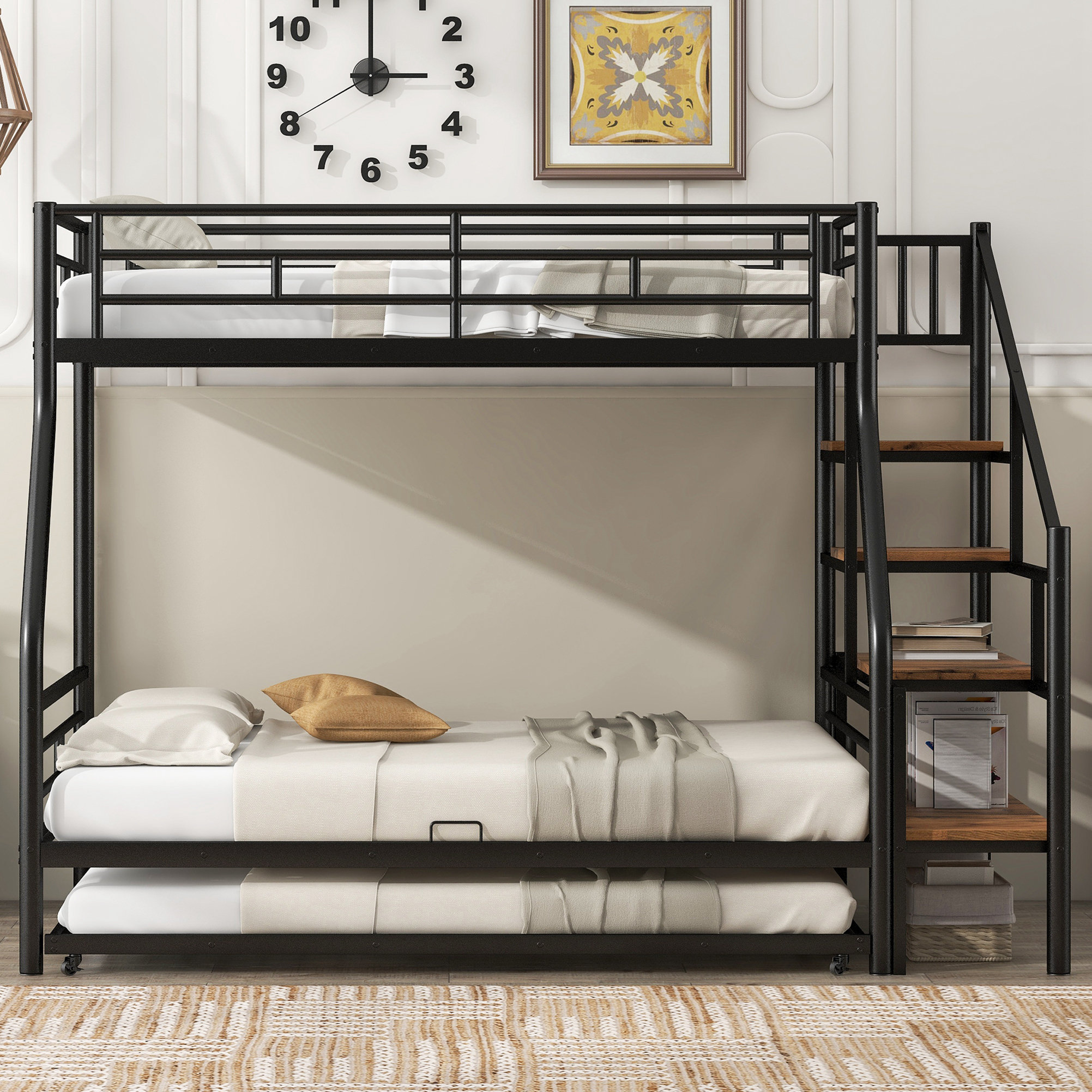 Mason & Marbles Agarwal Metal Bunk Bed with Trundle and Storage ...