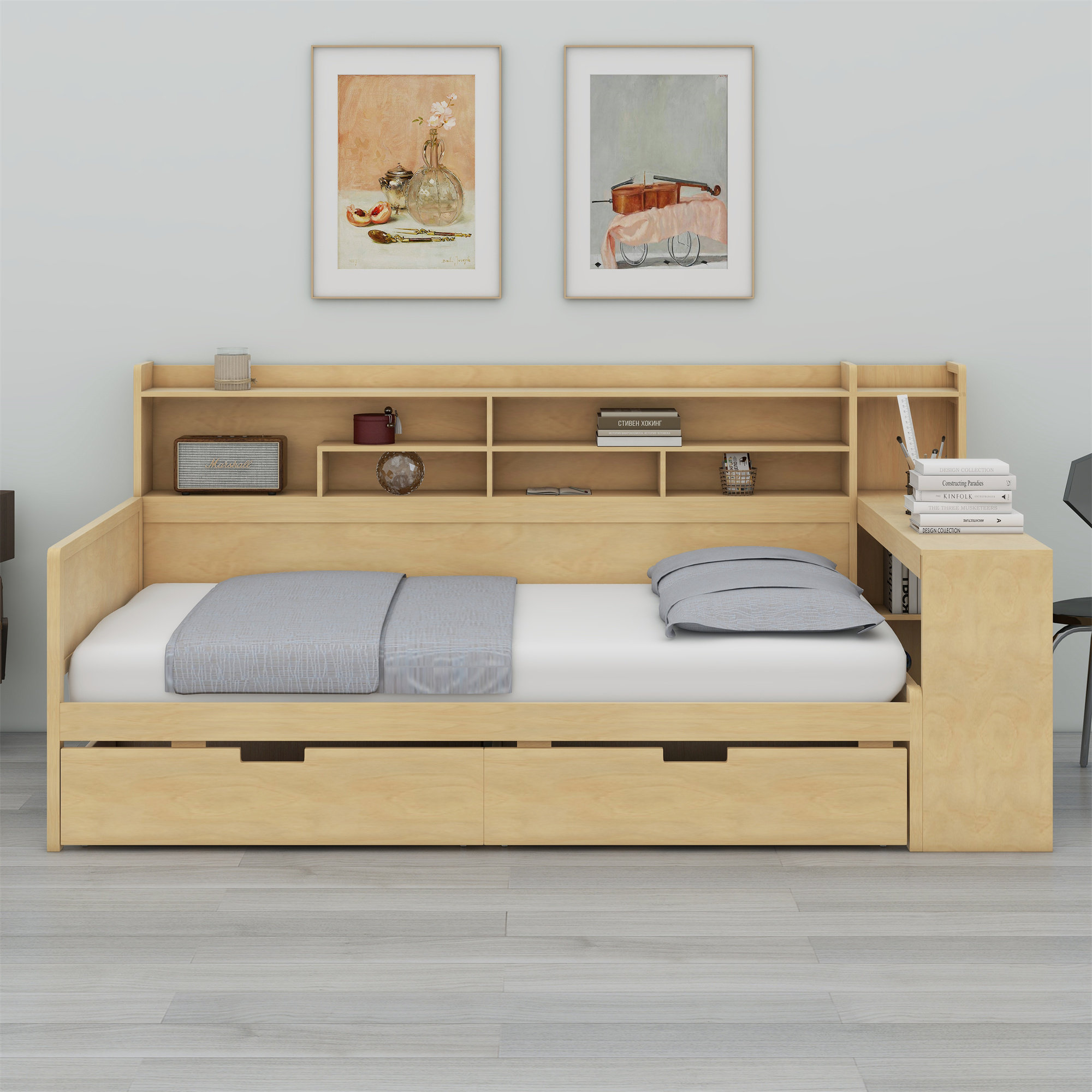 Lark Manor Wooden Daybed With Storage Shelves,Storage Drawers And Study ...