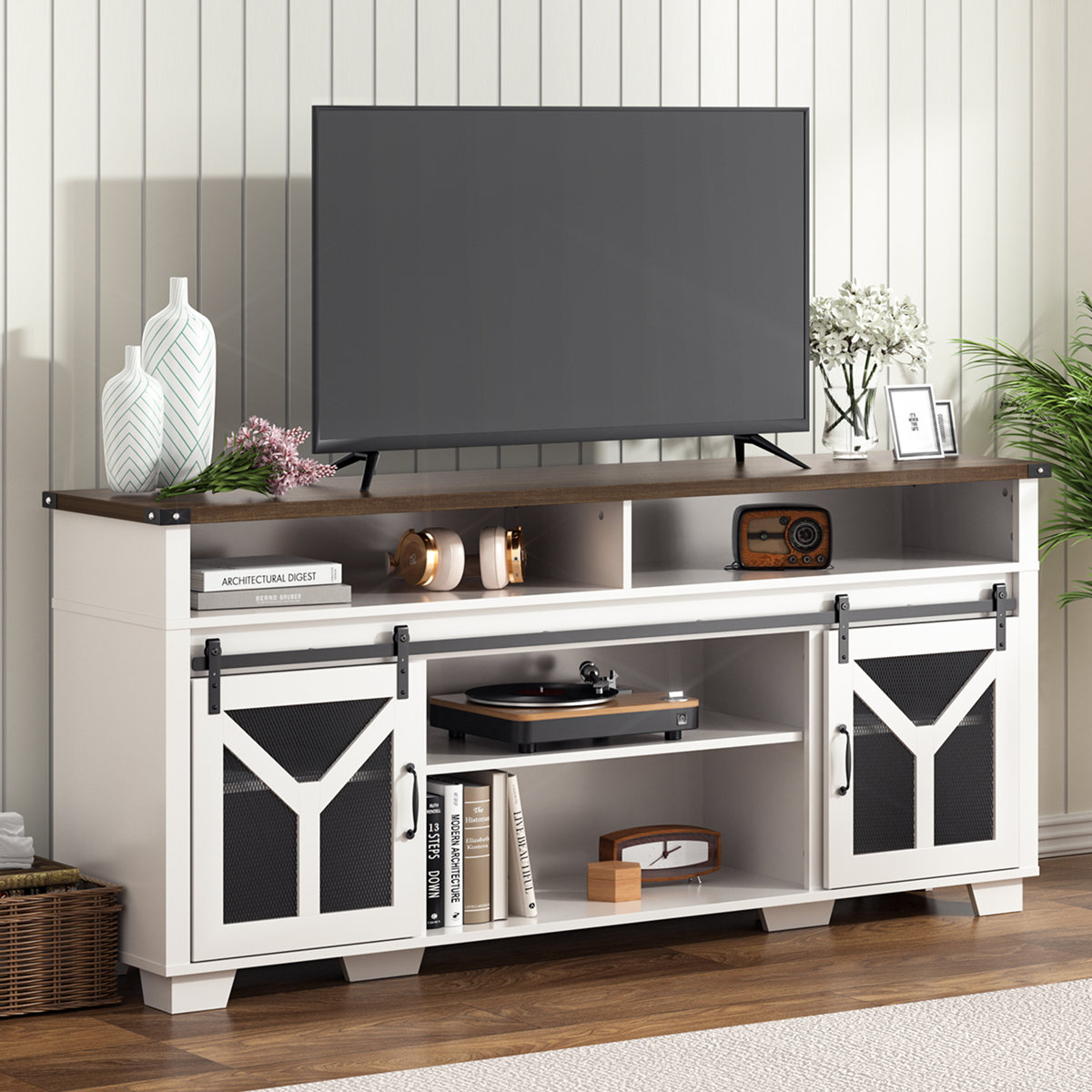 August Grove® Christinea Farmhouse TV Stand LED TV Console for TVs up ...