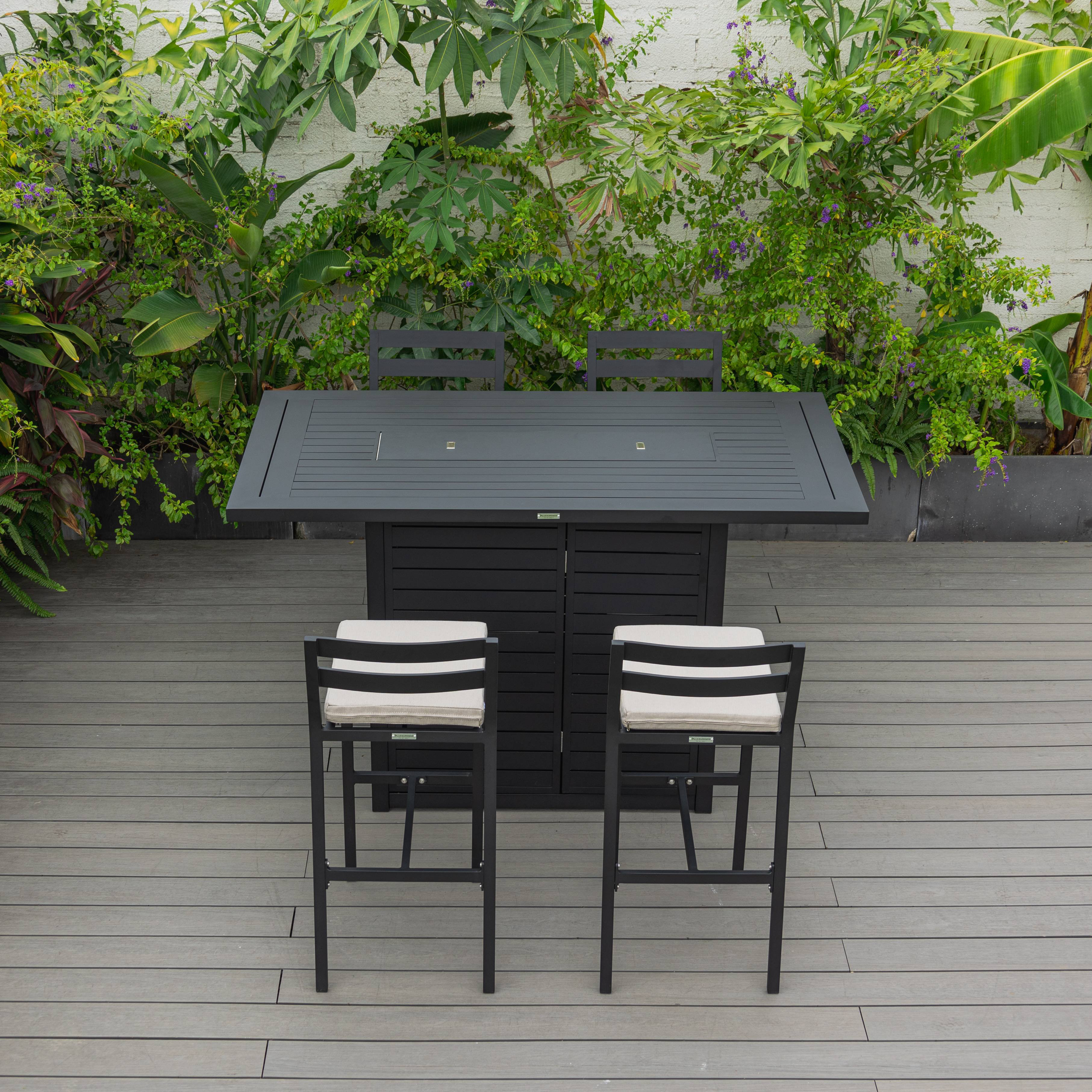 LeisureMod 5-Piece Patio Dining Bar Set Aluminum Rectangular Fire Pit ...