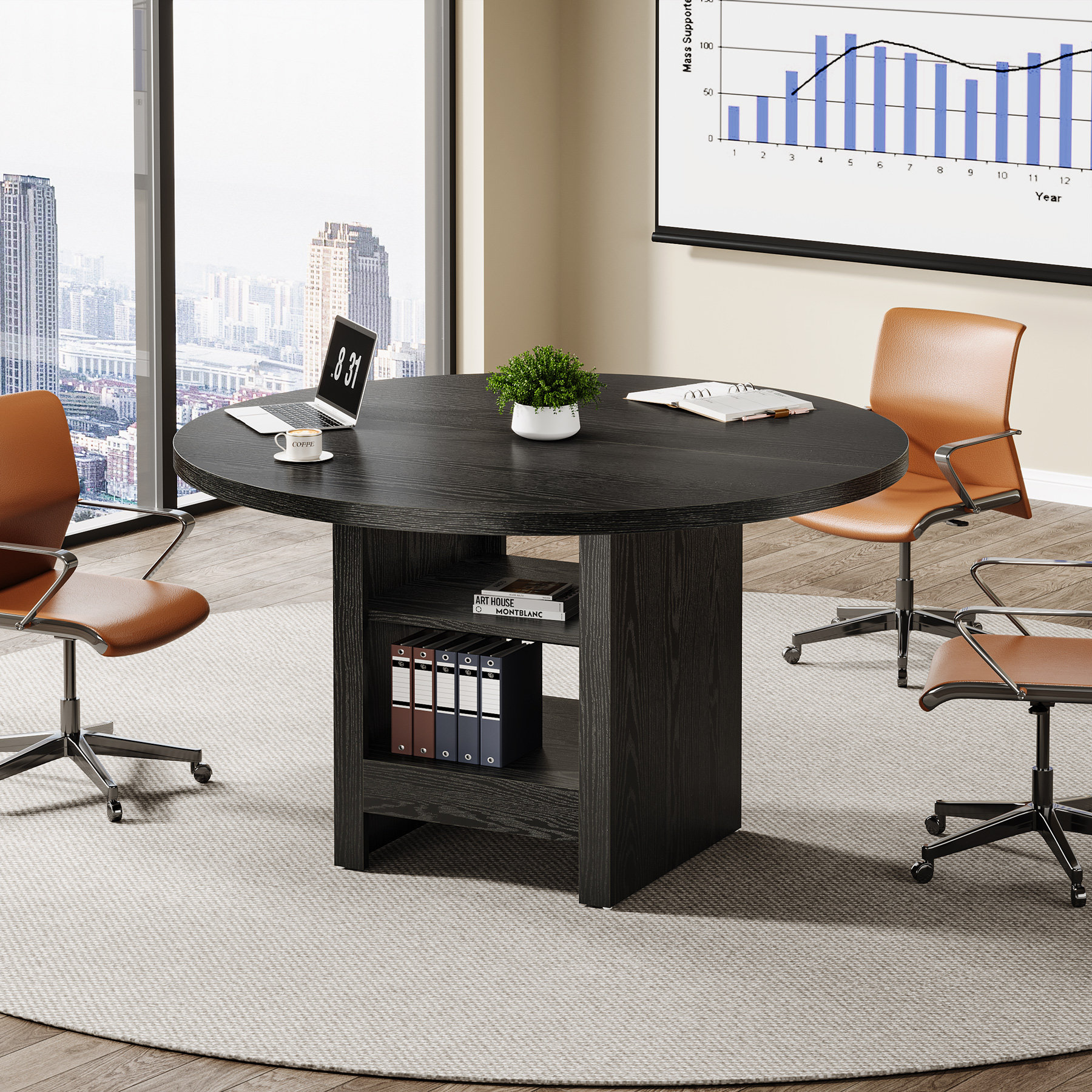 Ebern Designs 47 Inch Round Conference Table With Storage Shelves ...