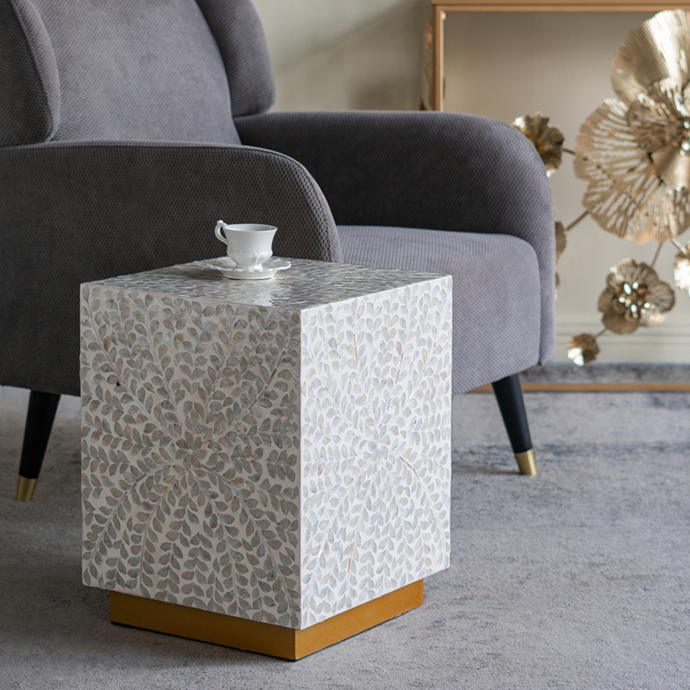 Mercer41 Square Accent Stool with White Capiz Shell Finish and Gold ...