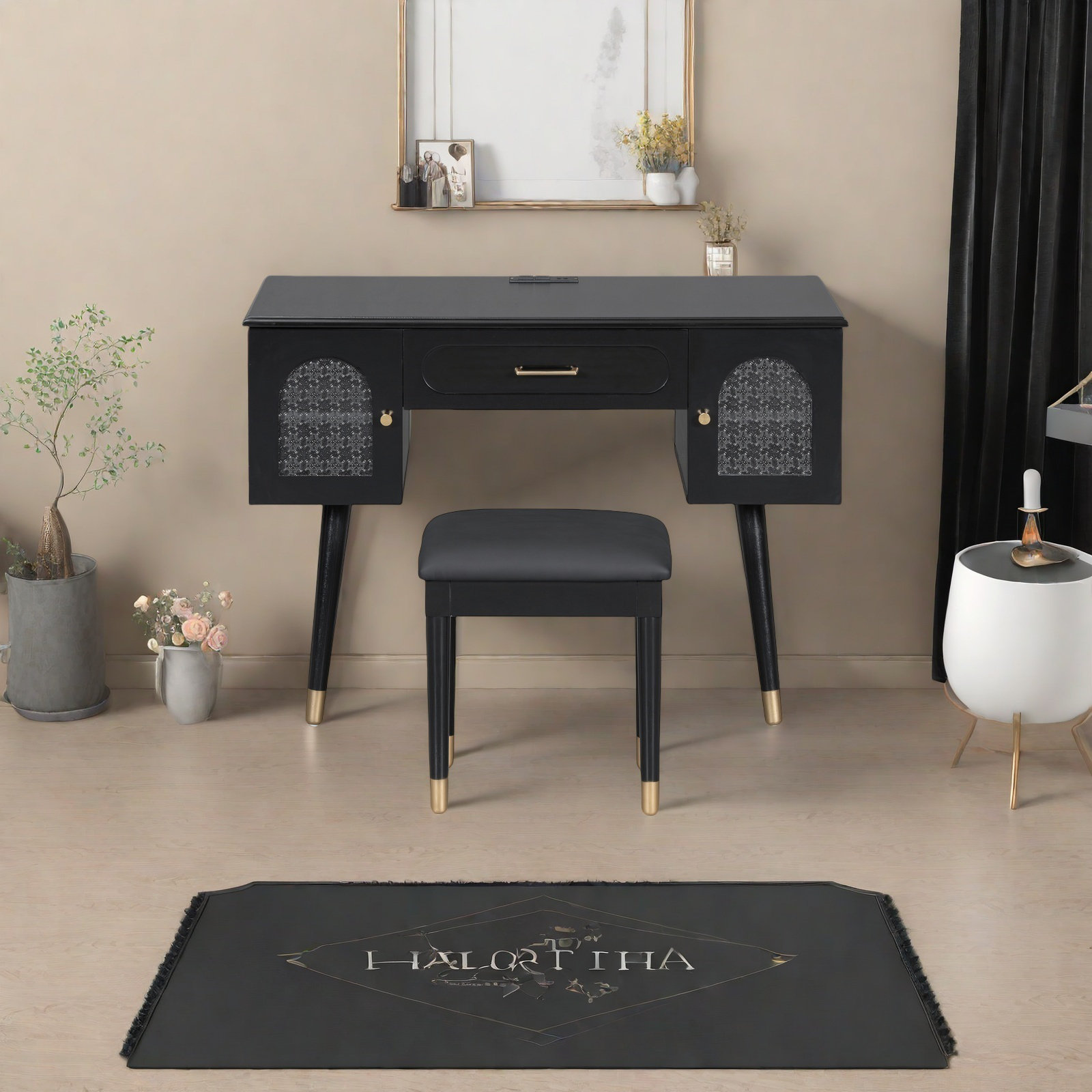 Corrigan Studio® Elegant Vanity Makeup Table & Chair Set,black | Wayfair
