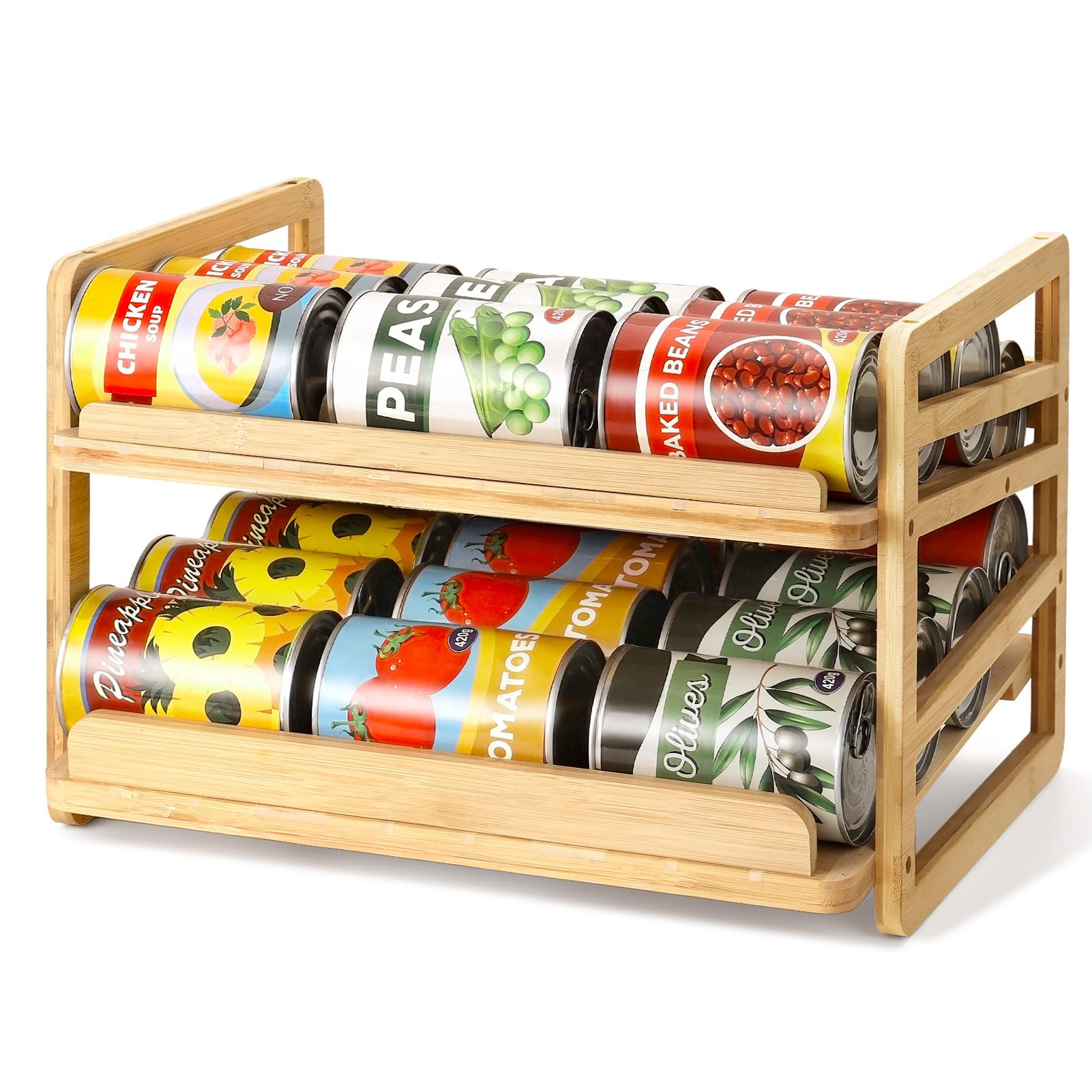 Rebrilliant Rolling Bamboo Can Organizer Rack - Stackable Double-Layer ...