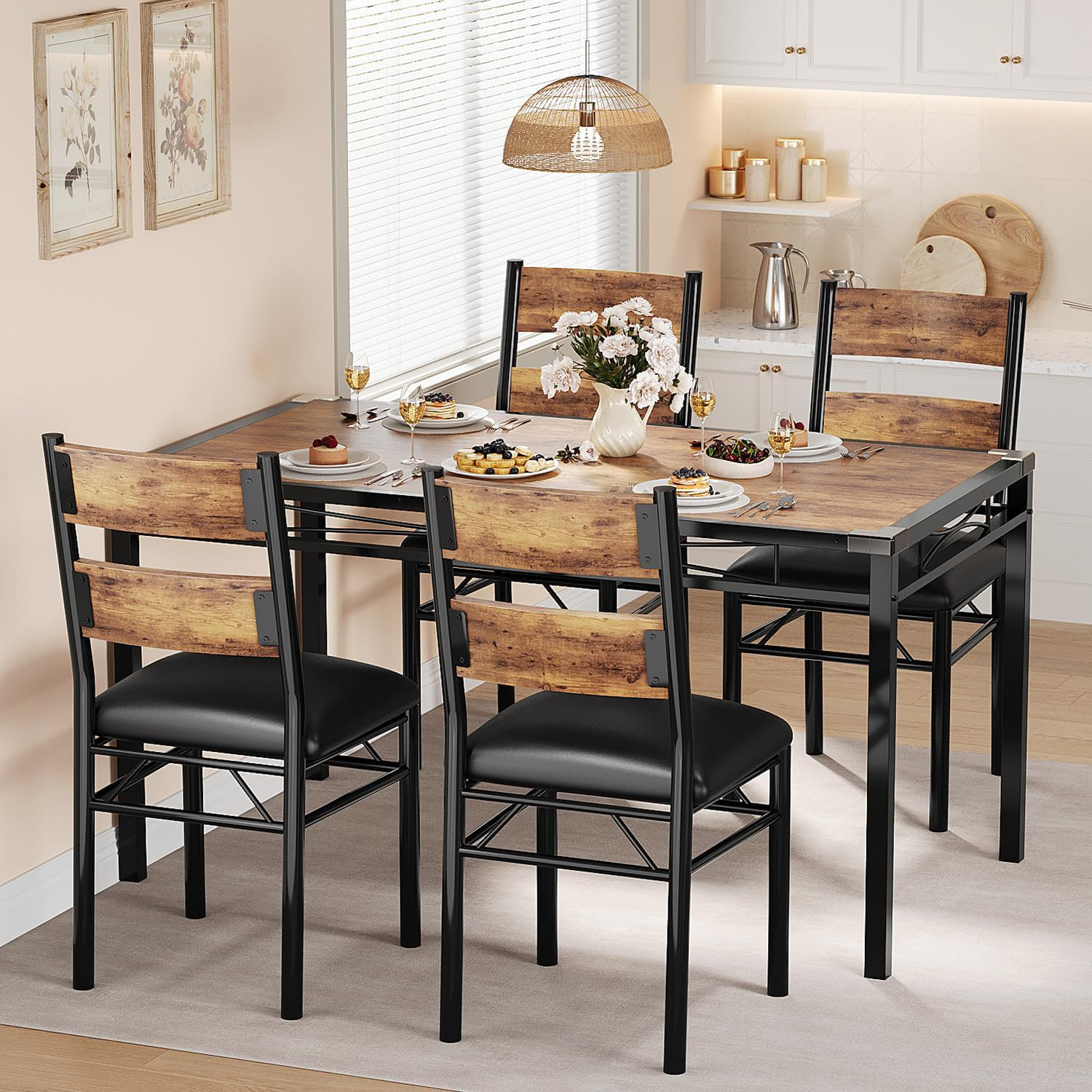 17 Stories Dining Table Set,Compact Dining Room Set Retro Kitchen Table & Chairs with Built-in ...