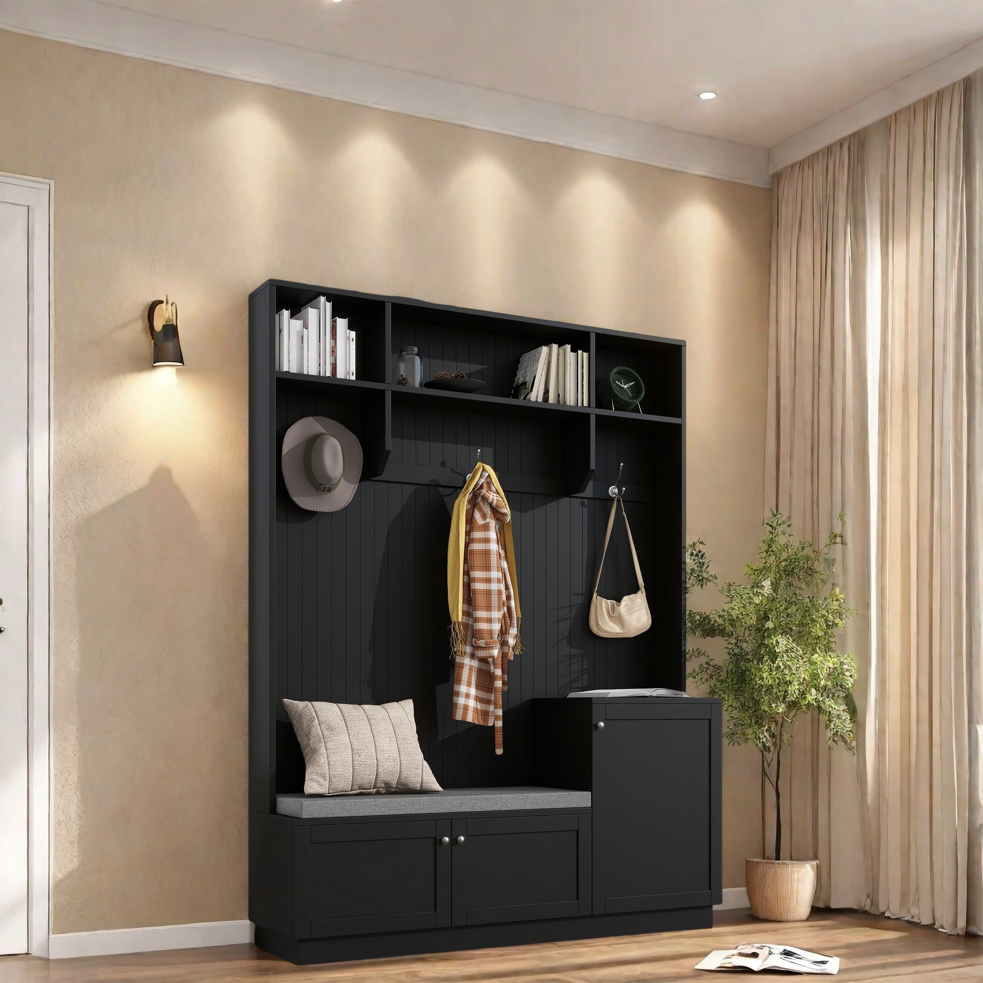 Hokku Designs Modern Hall Tree with Storage Bench, 2 Cabinets, 3 ...