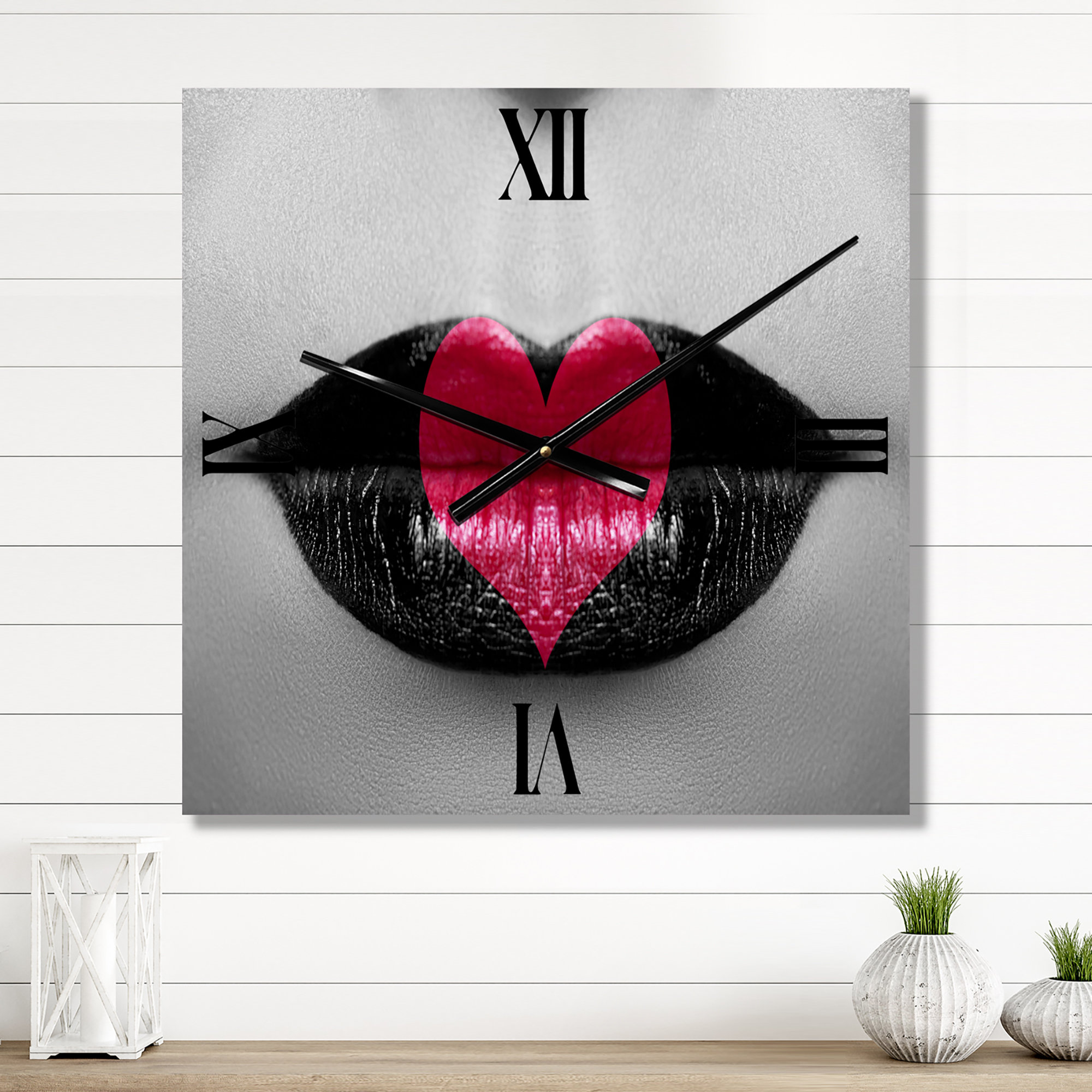 East Urban Home Red Heart in Black and White Lips Wall Clock | Wayfair