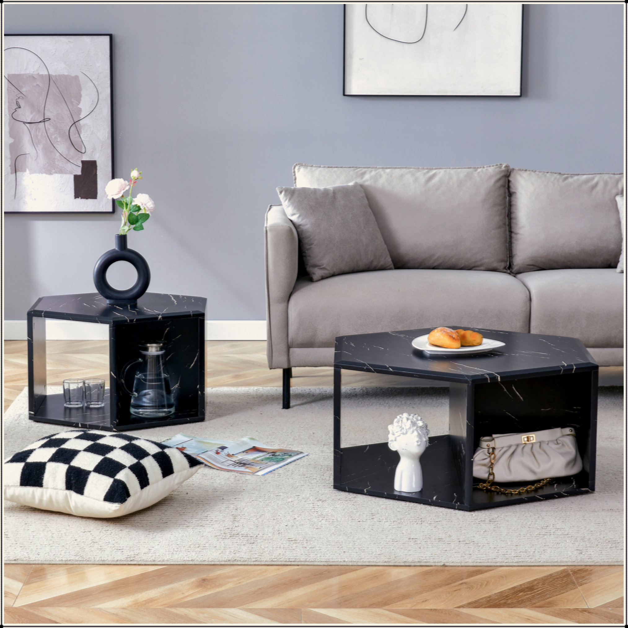 Wrought Studio Minimalist White Patterns Hexagonal Coffee Table Set ...