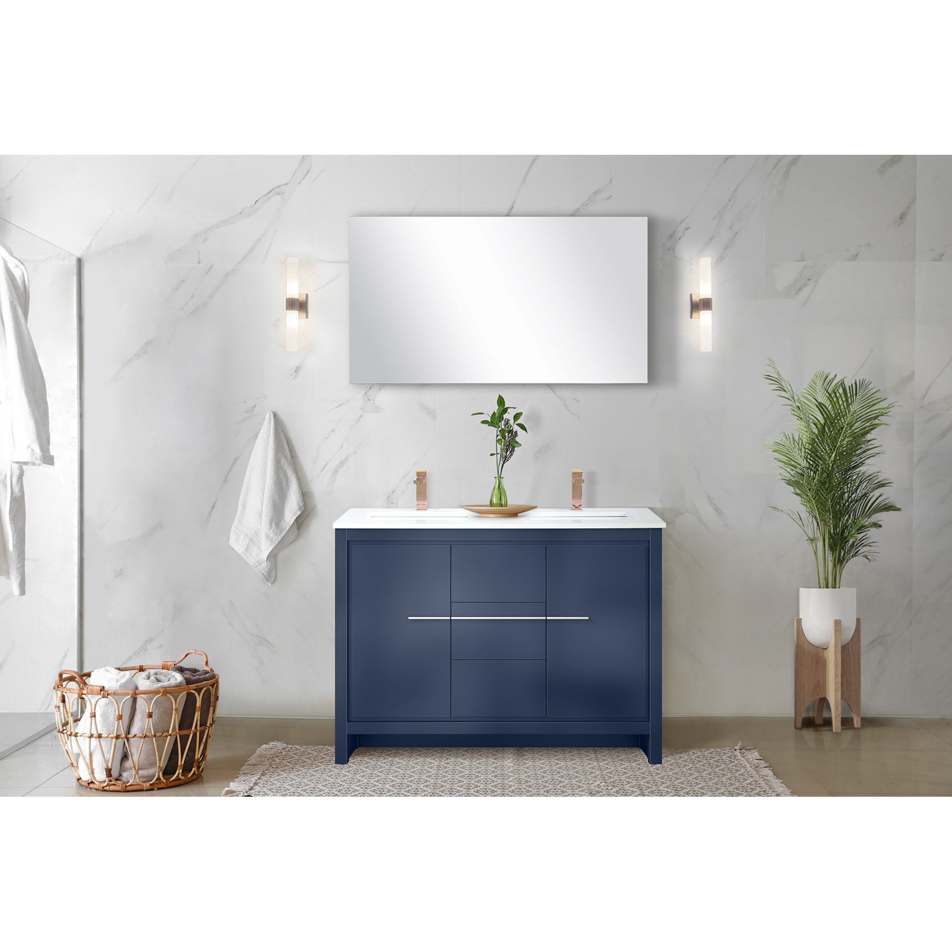 Hokku Designs Navy Blue Double Bath Vanity 48"w X 20"d, White Quartz ...