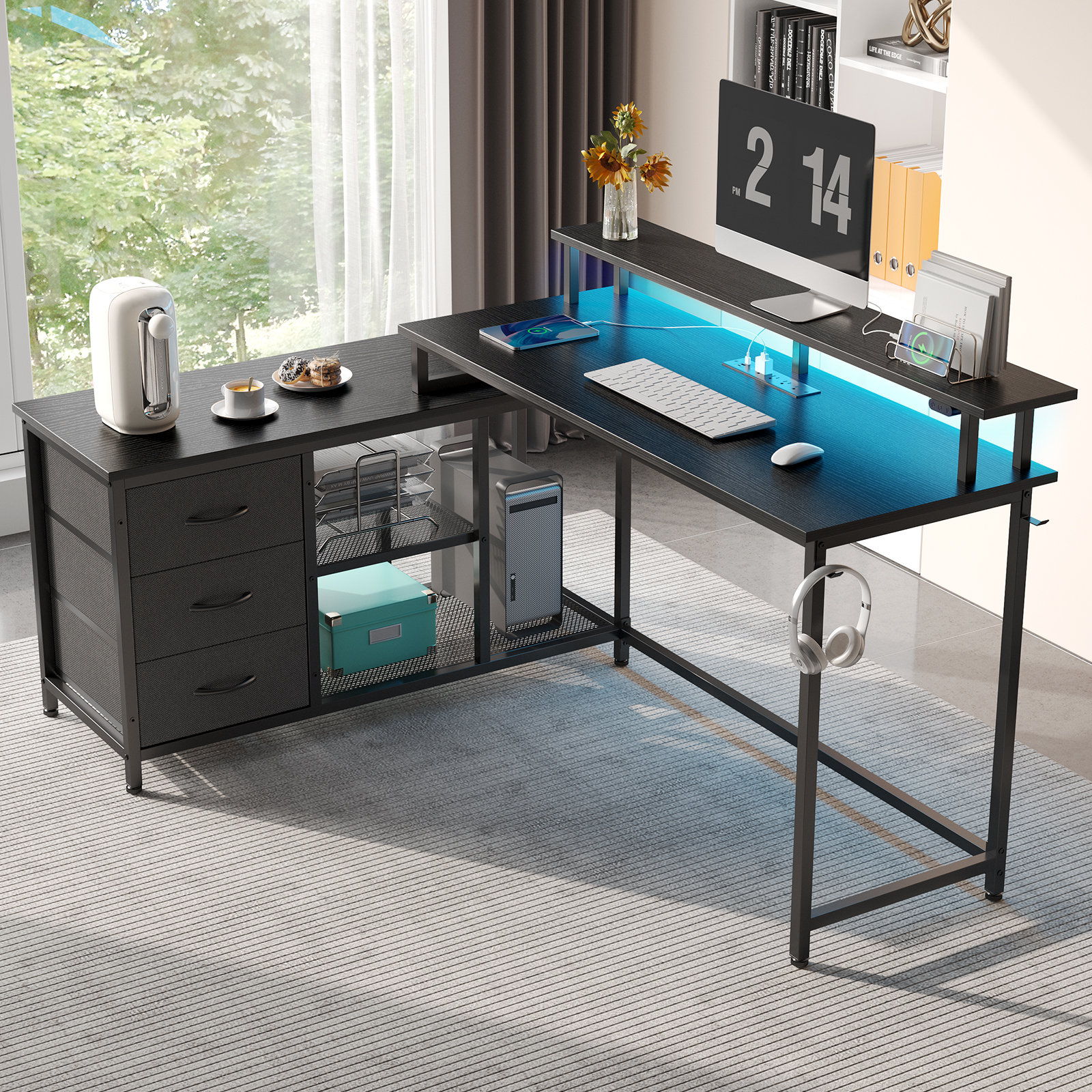 Wrought Studio™ L Shaped Desk with RGB LED Lights & Outlets, Reversible ...