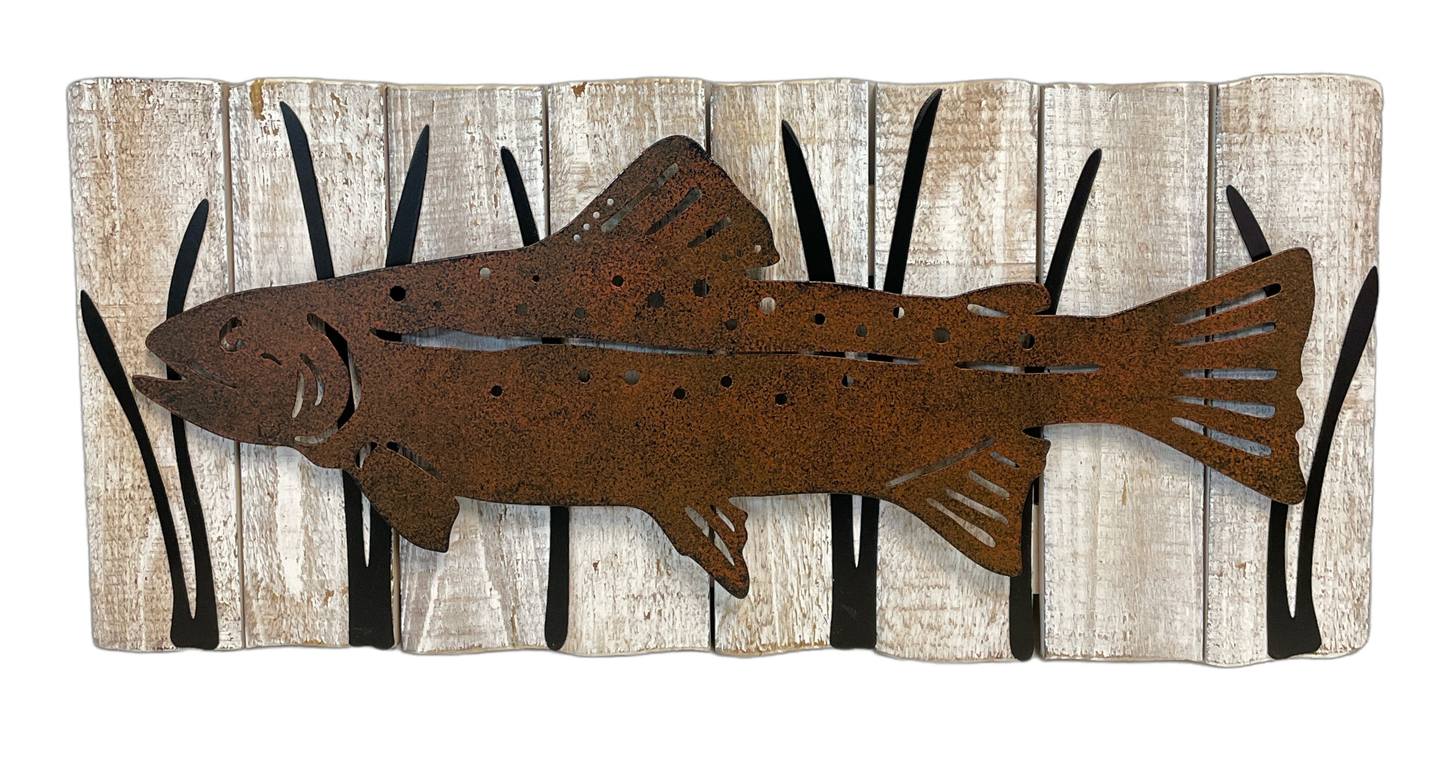 Beachcrest Home™ Metal Fish on Wood Panels River Lake Animals Cain ...