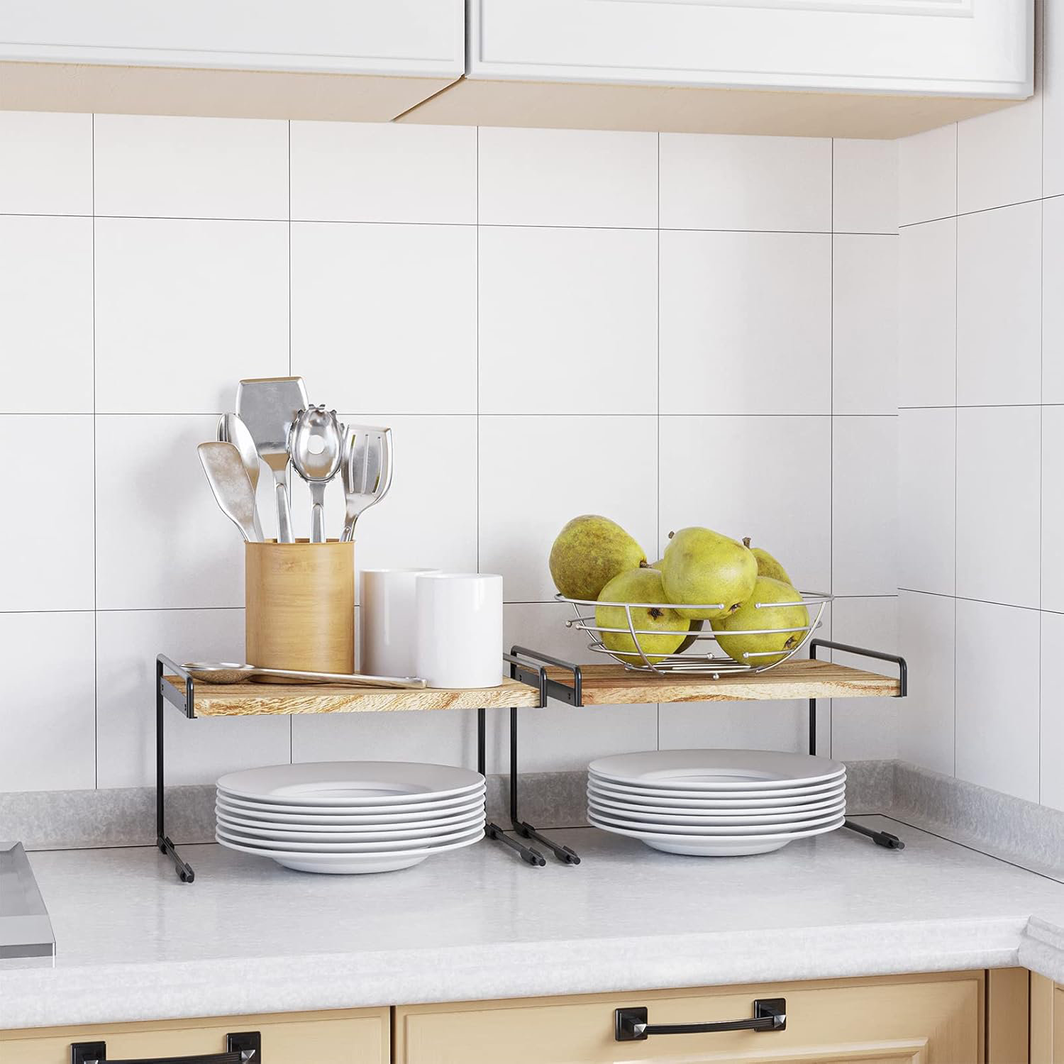 SpaceAid 2-Pack Cabinet Shelf Organizers – Metal and Wood Kitchen ...