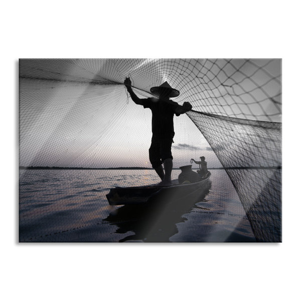 Longshore Tides Fisherman Throwing His Net - No Frame Print on Glass ...