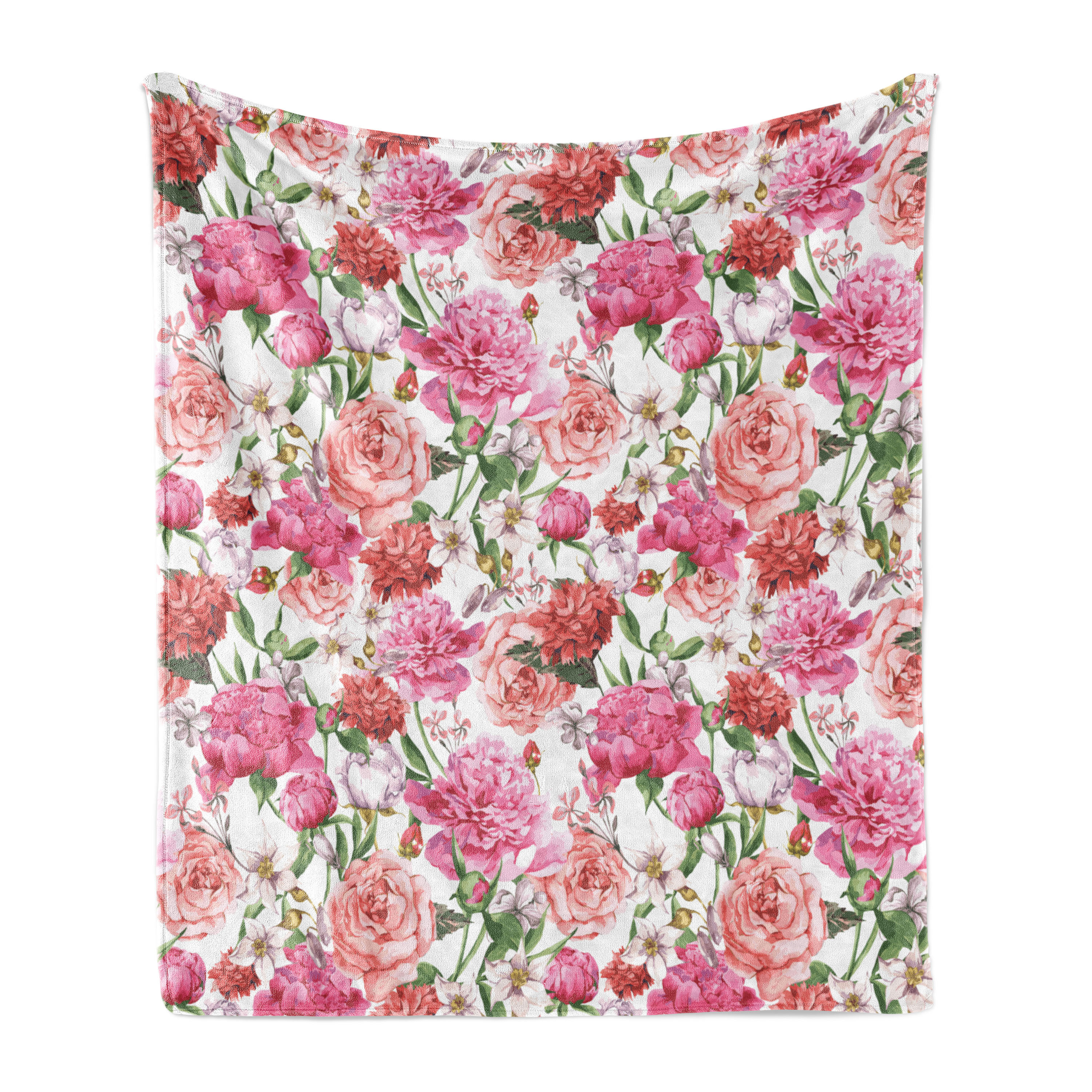 Ambesonne Floral Fleece Throw Blanket Peonies and Roses White Pink ...