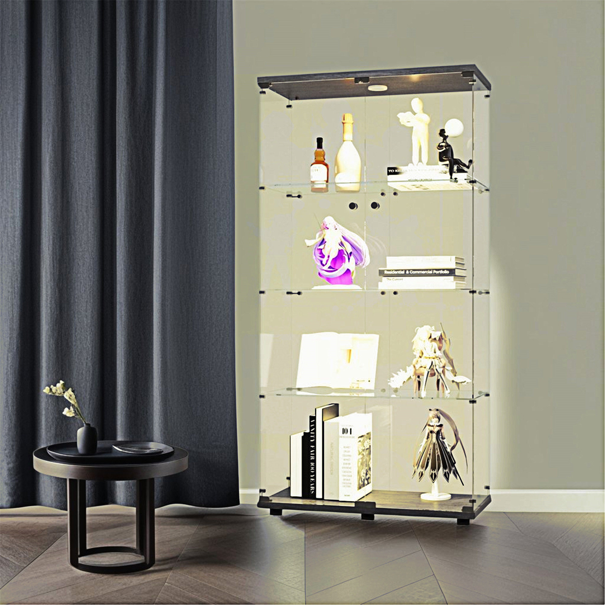 wendeway Lighted Two Door Glass Cabinet Glass Display Cabinet With 4 ...