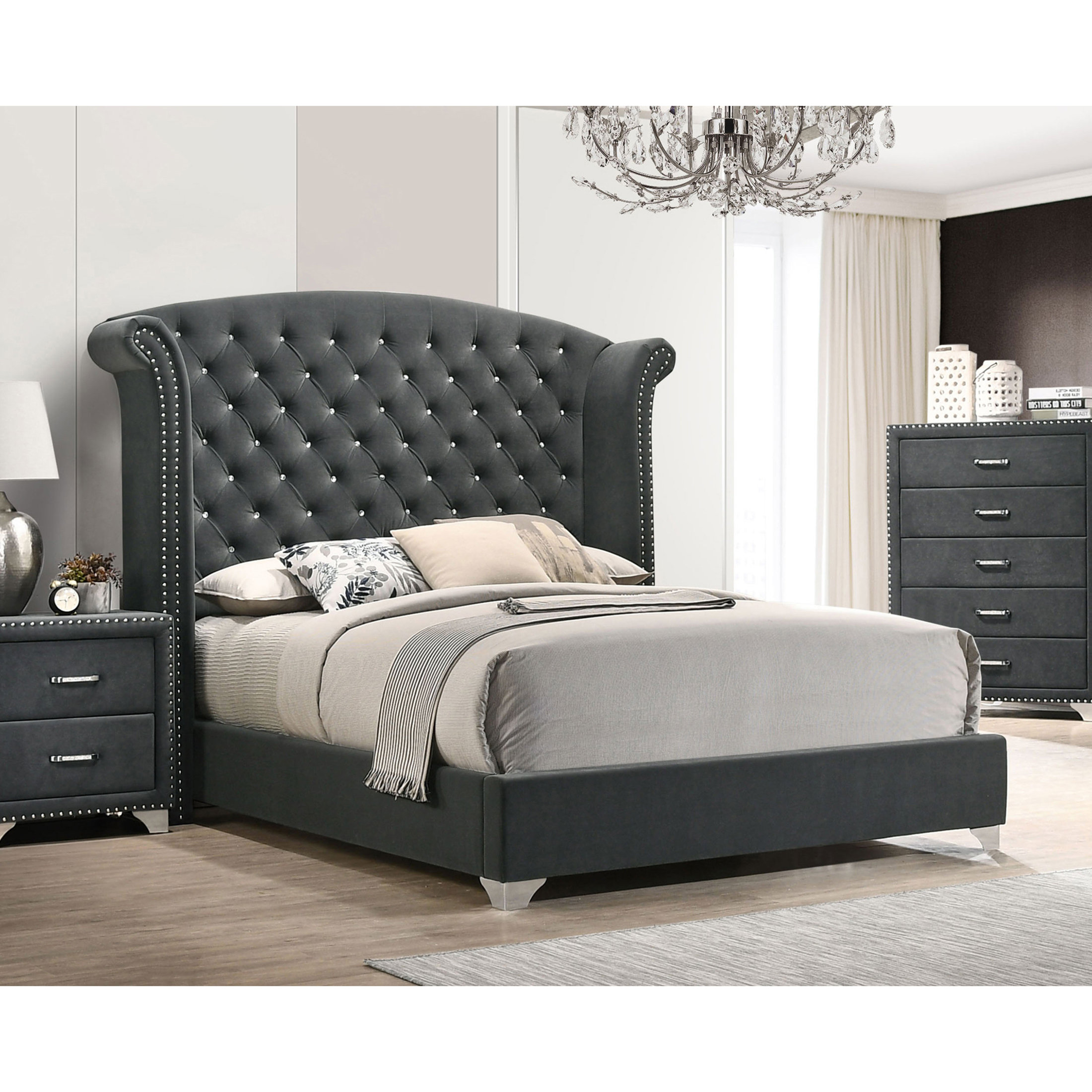 Everly Quinn Chantel Grey Upholstered Wingback Eastern King Bed ...