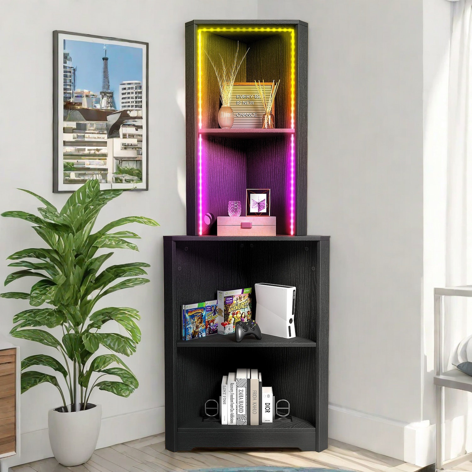 Wrought Studio™ 64'' H Corner Shelf Stand With Led Light, Wooden Open ...