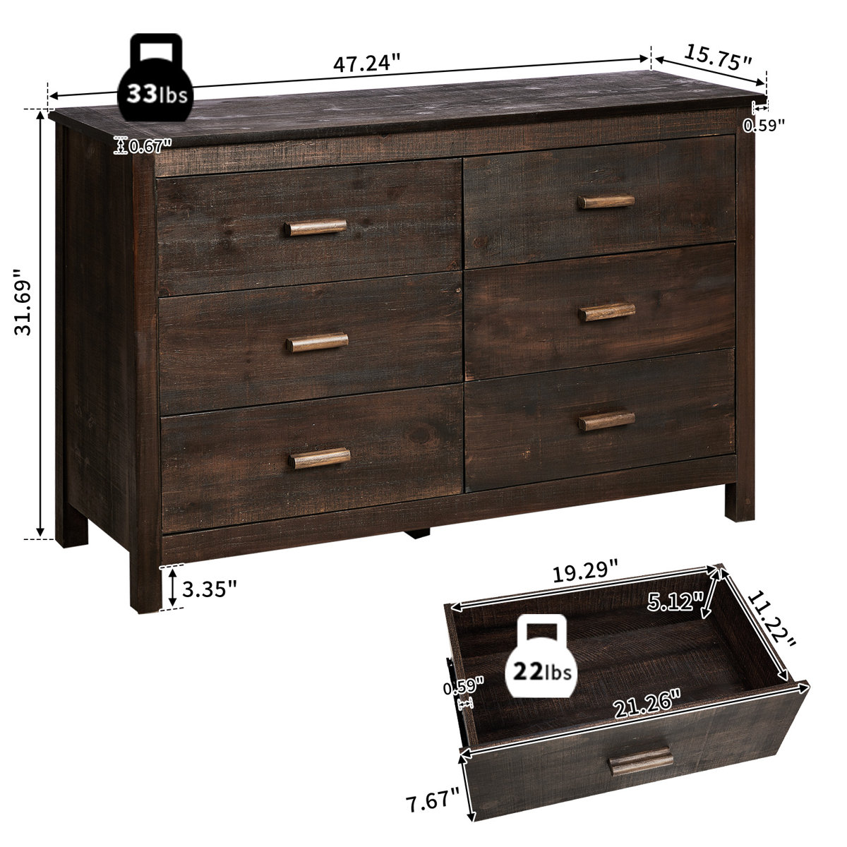 Winston Porter Brown MDF Veneer 6-Drawer Dresser 47.2"X15.7"X31.5 ...