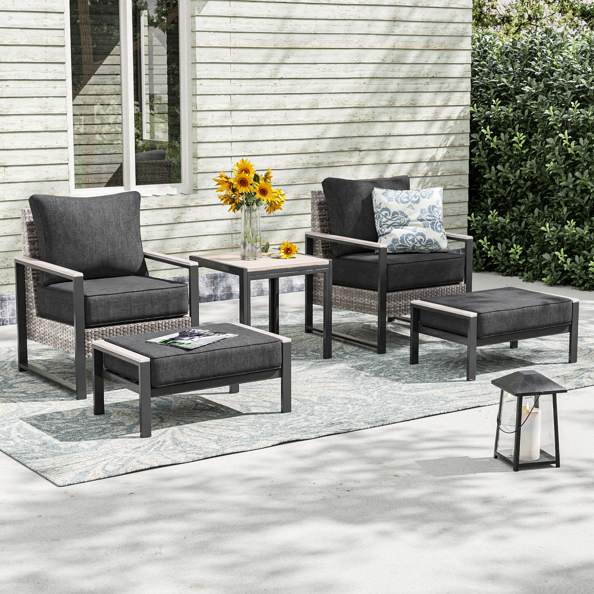 ACEGOSES 5 Piece Patio Conversation Set with Wicker Chairs and Side ...