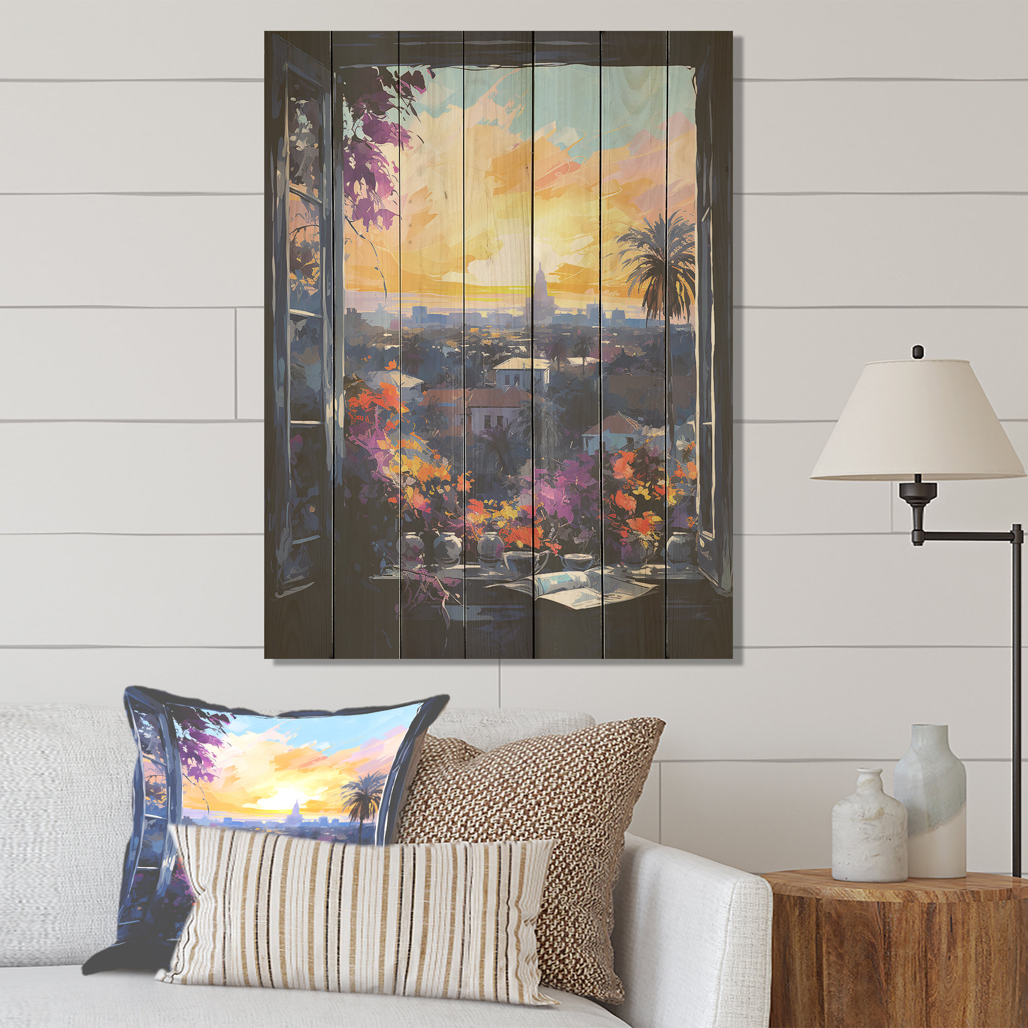 Winston Porter Los Angeles Window View III - Floral Window On Wood ...