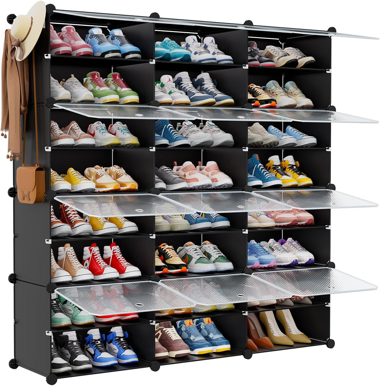 Rebrilliant 8-Tier Shoe Rack With Doors And Hooks, Space-Saving Shoe ...