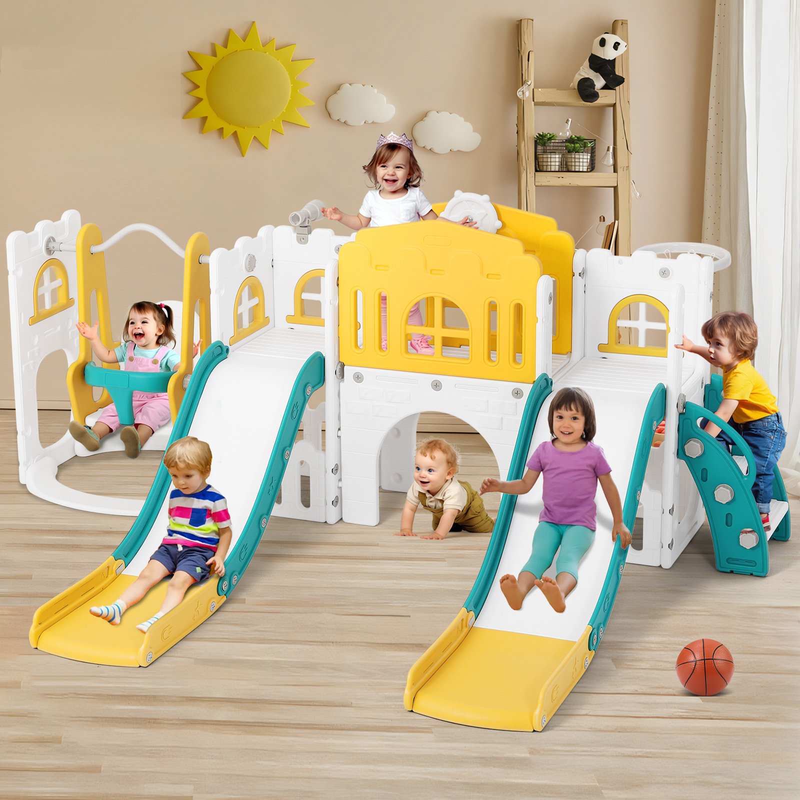 Joyldias 102.4'' W 9 In 1 Plastic Climber Toddler Slide With Swing ...