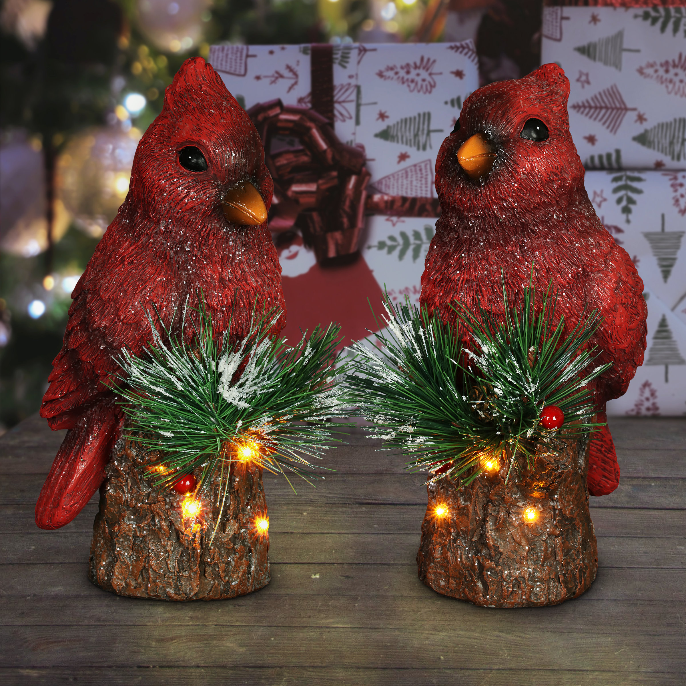 Exhart Two Piece Hand Painted Christmas Cardinal Statues with LED ...