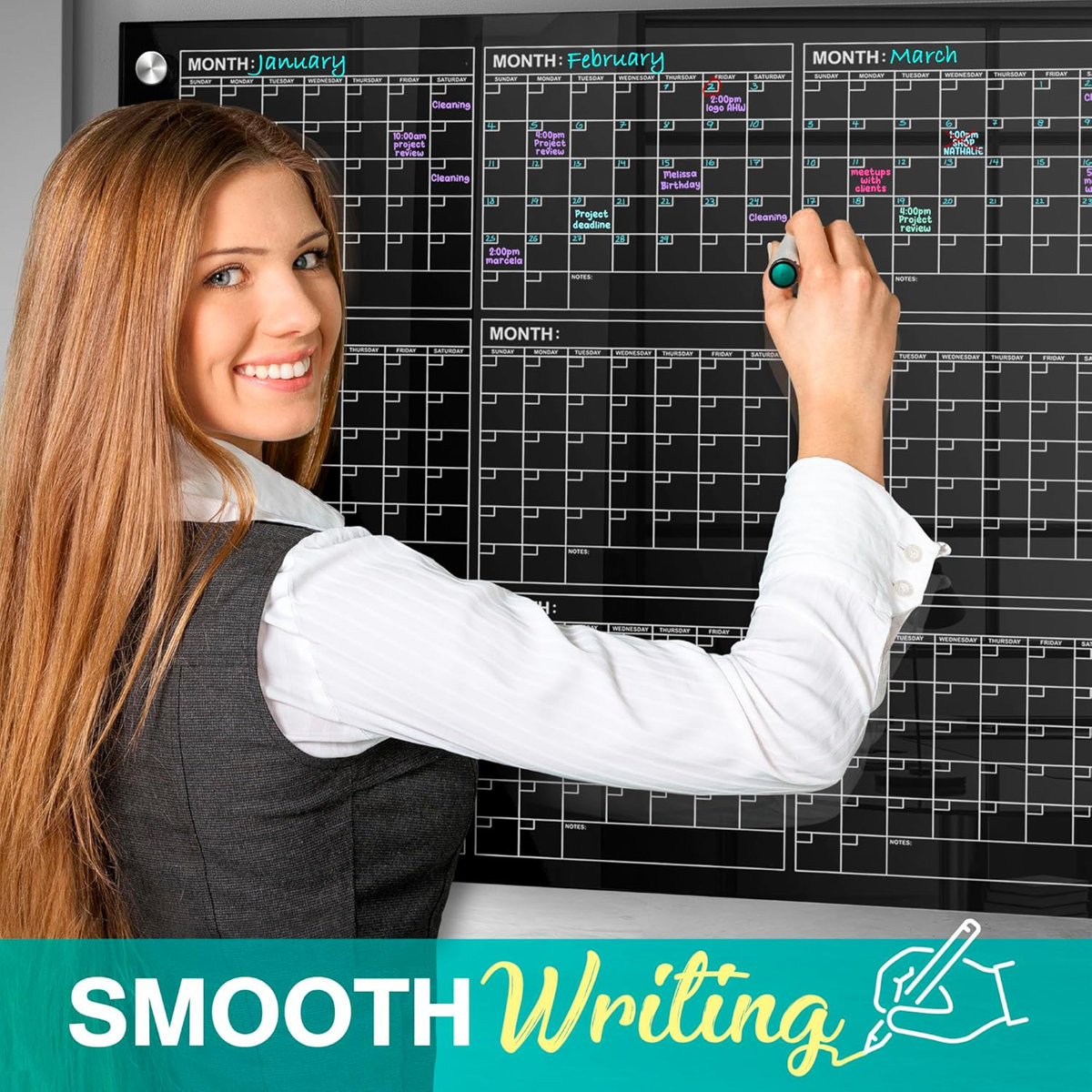 Scribbledo Black Magnetic 34”x46” Glass Whiteboard Yearly Calendar ...