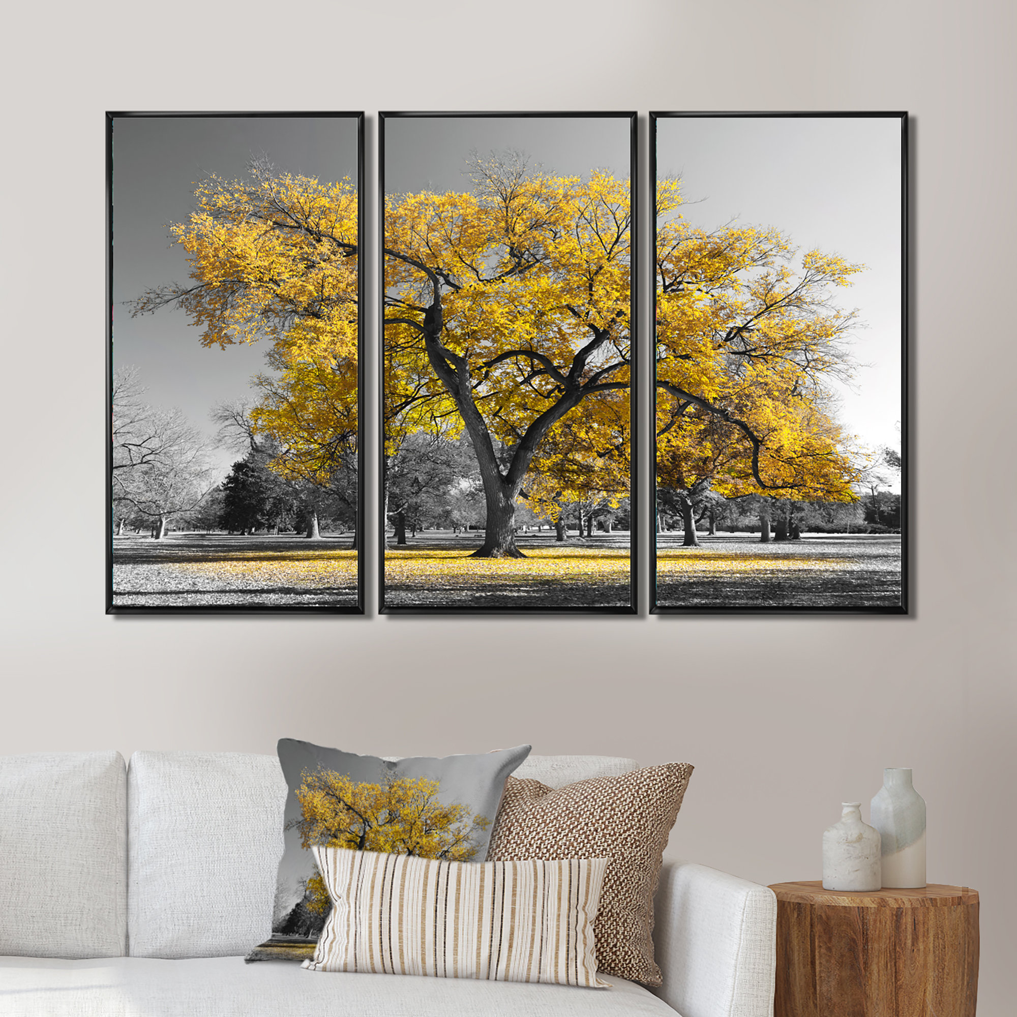 Ebern Designs Big Golden Tree - Landscape Framed Canvas Wall Art Set Of ...