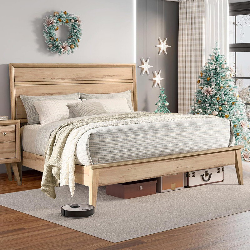 Millwood Pines Farver Queen size solid wood bed frame with headboard, requires springs, natural ...