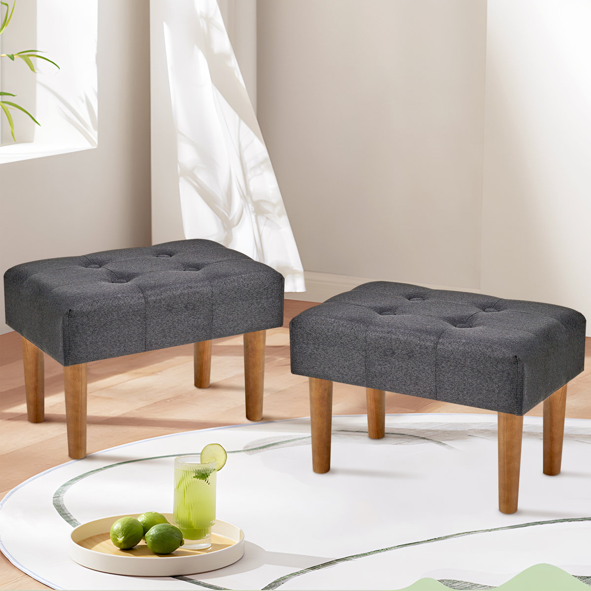 Ebern Designs 2 Pcs Small Foot Stool Ottoman, Linen Ottoman Foot Rest ...