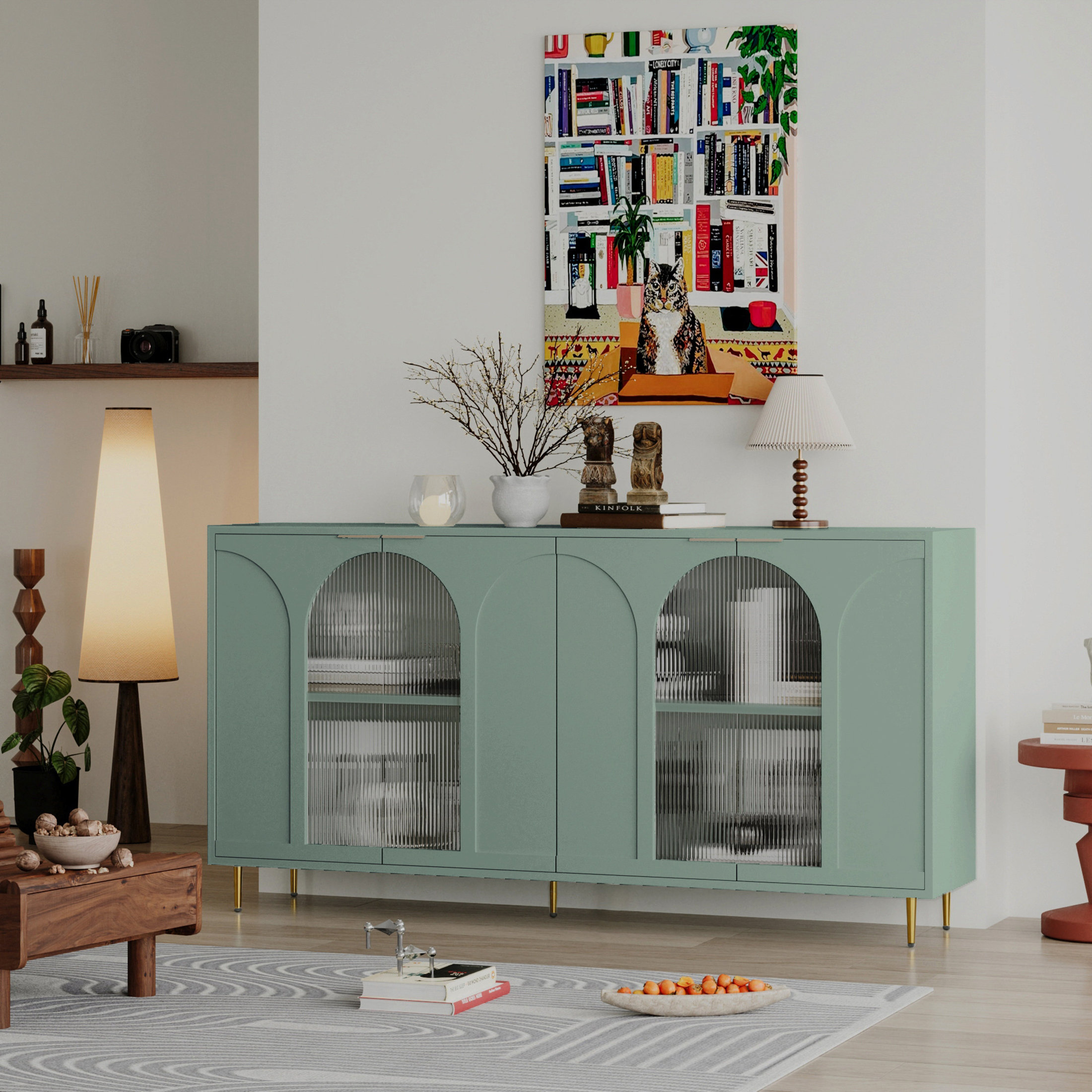 Mercer41 Mint Green 4-Door Lacquered Wooden Accent Sideboard Cabinet ...