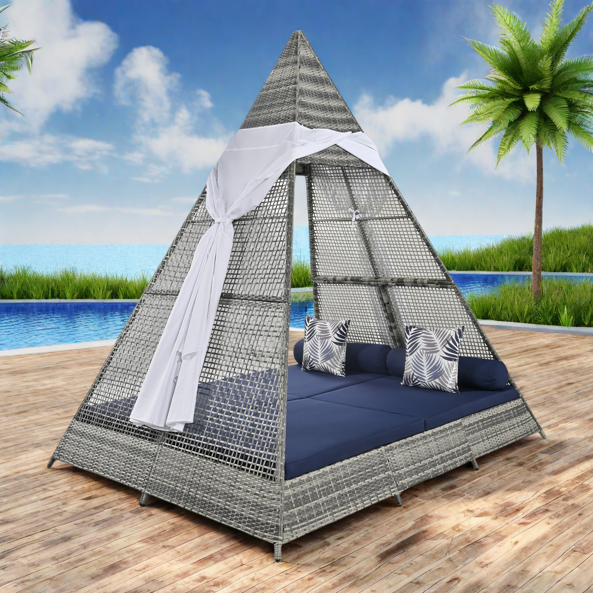 Latitude Run® 90.5" Length Outdoor Sunbed With Colorful Pillows, Wicker ...