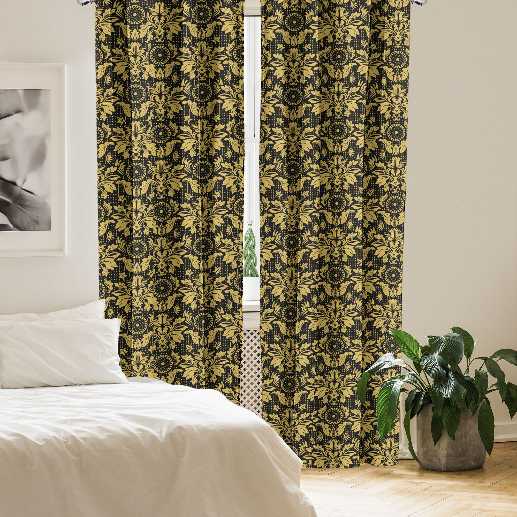 East Urban Home Damask 4-Panel Curtains, Antique Foliage Motifs, Black Earth Yellow | Wayfair
