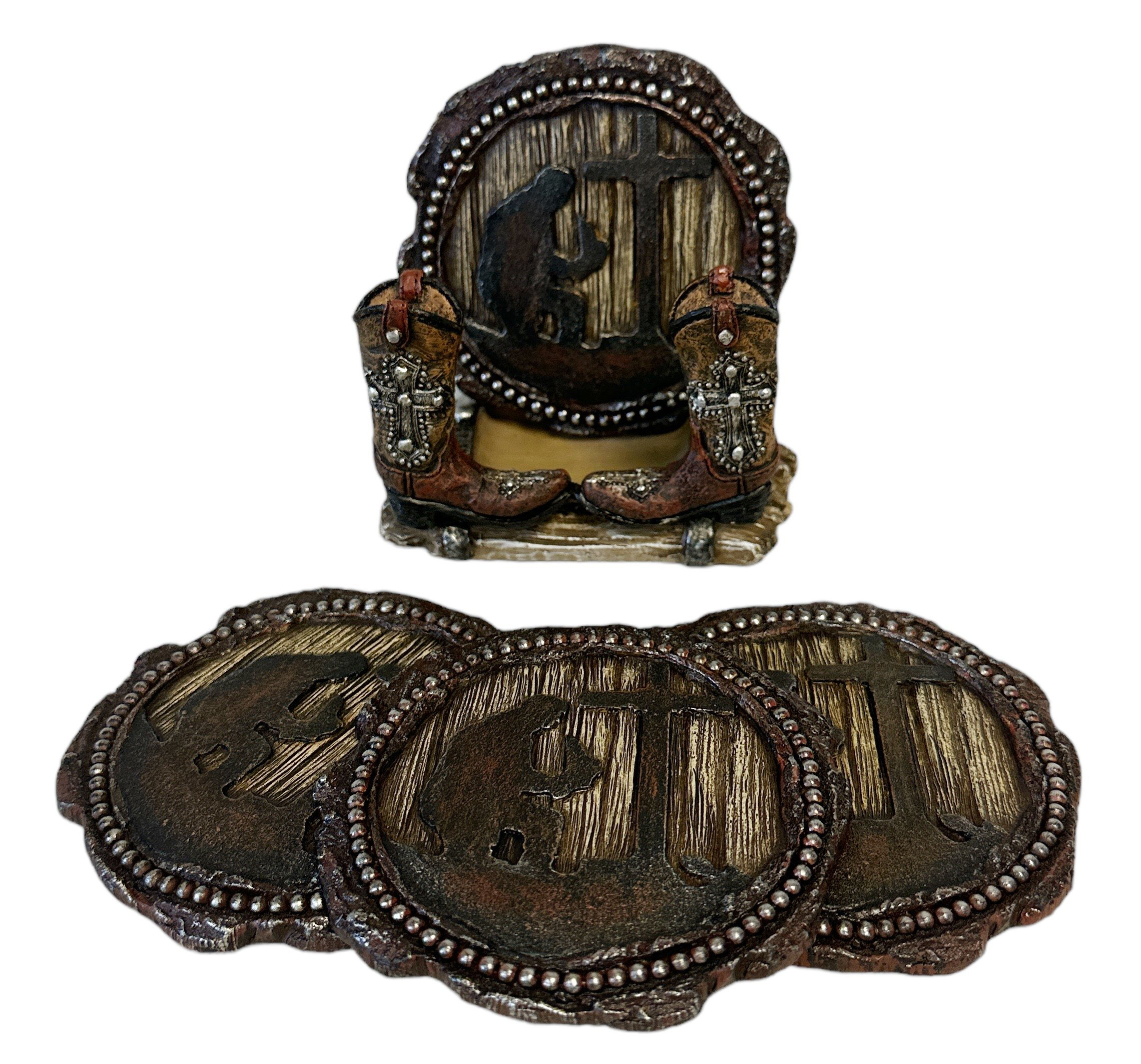 Union Rustic Polyresin Praying Cowboy with Western Boot Coaster 4-Piece ...