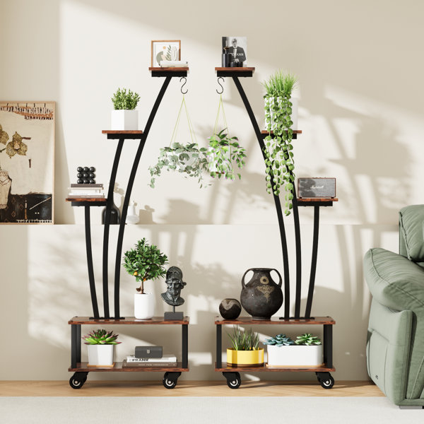17 Stories 5-tiered Indoor Metal Curved Plant Stand With Hooks And ...
