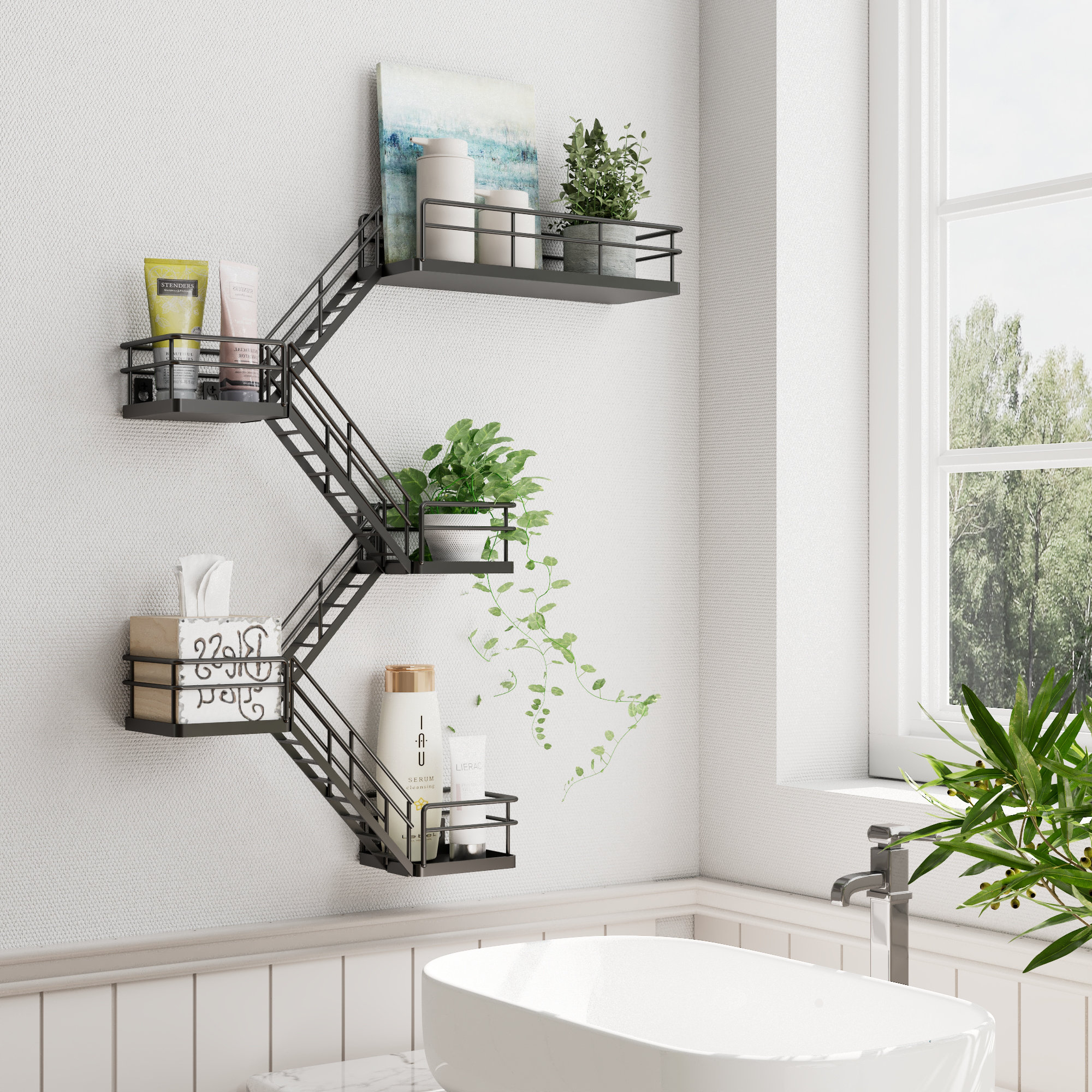 Beskadi Metal Fire Escape Shelf Wall Storage, 5-Tier Black Display ...