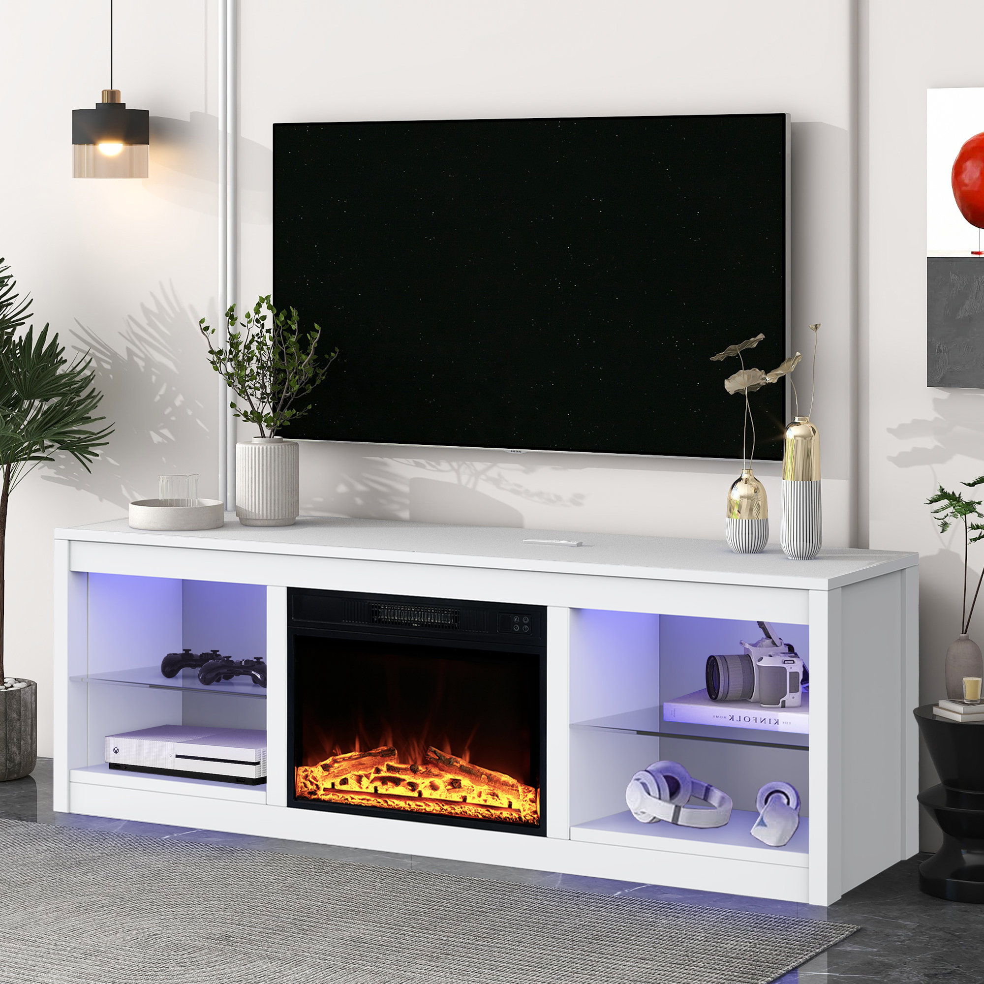 Ivy Bronx 66" TV Stand With 23" Insert Electric Fireplace And Open ...