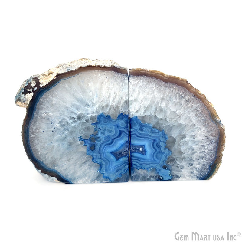 GEMMART USA Blue Geode Bookend, Unique Agate Bookend Pair, Mineral Rock ...