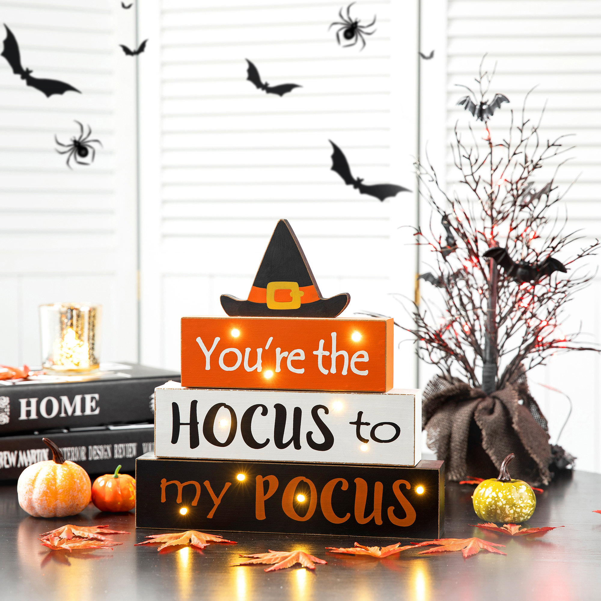 The Holiday Aisle® Halloween Wooden Lighted Witch/Word Block Table ...
