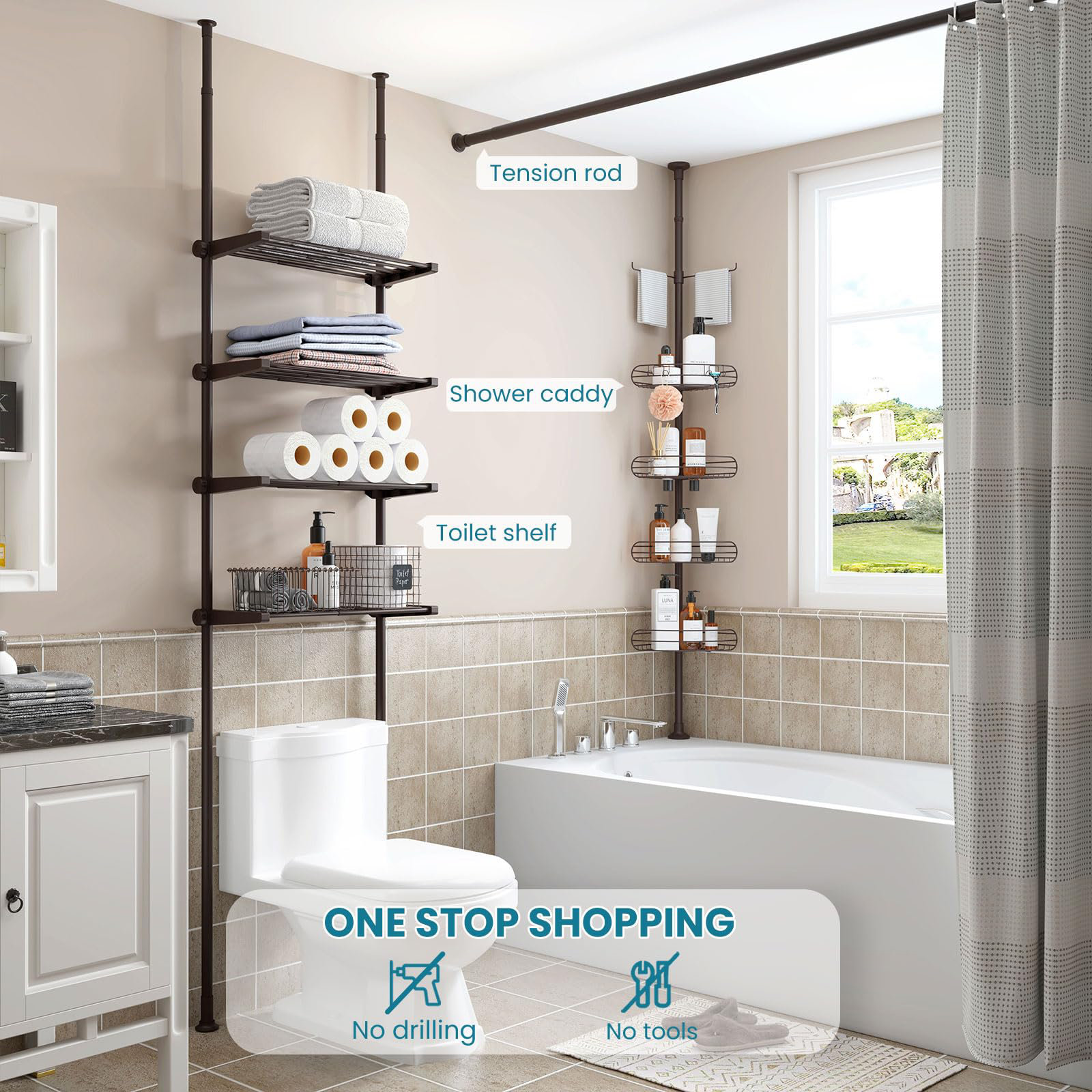Rebrilliant Corner Shower Caddy Tension Pole, 4-Tier Adjustable Shower ...