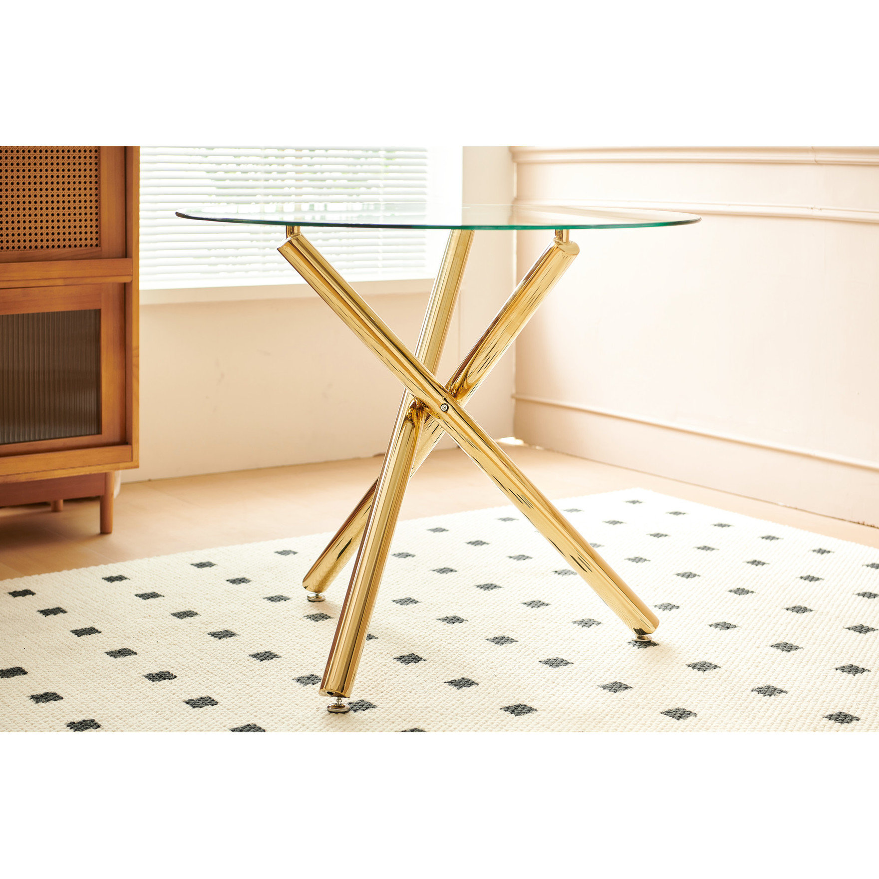 Mercer41 Golden Living Room Dining Table With Metal Stand And Glass ...
