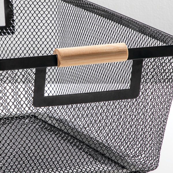 mDesign Metal Mesh Pantry Basket with Wooden Handle - Black/Natural ...