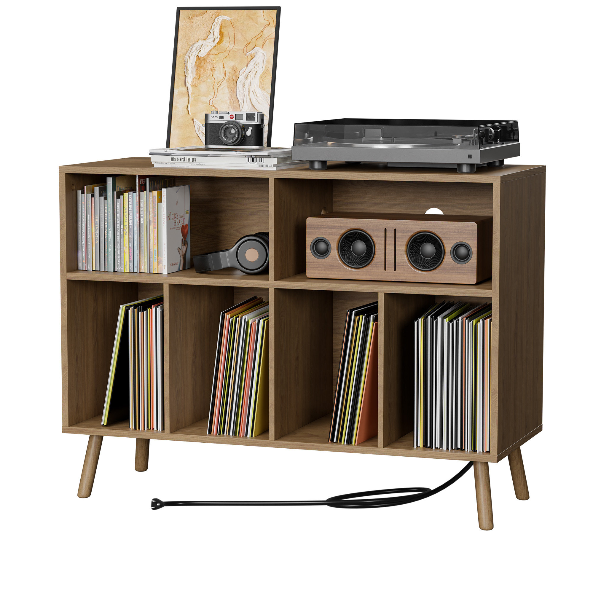 George Oliver Jhamal Record Player Stand with Charging Station Holds up to 350 Albums for ...