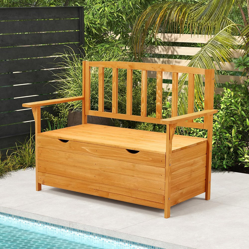 MAXAYA Outdoor Wooden Storage Bench, Patio Storage Box With Portable ...