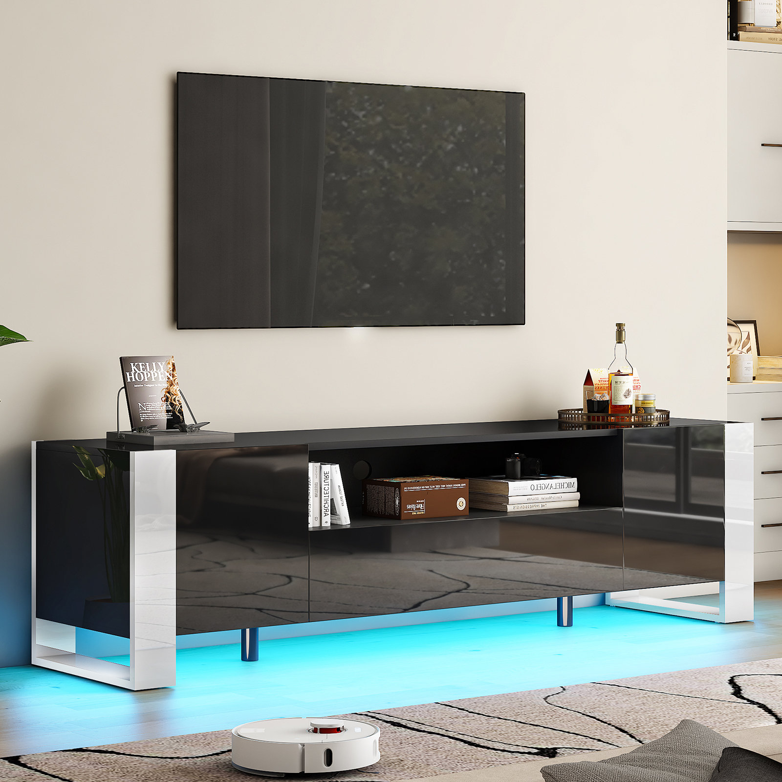 Wrought Studio™ Bhhatu Modern High Gloss LED TV Stands with 2 Cabinet ...